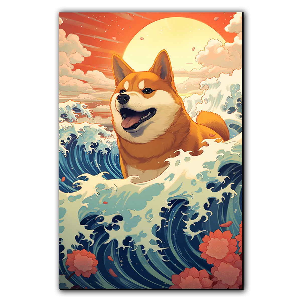 Shiba Inu Canvas Wall Art Framed Great Wave Oil Painting Stretched and ...
