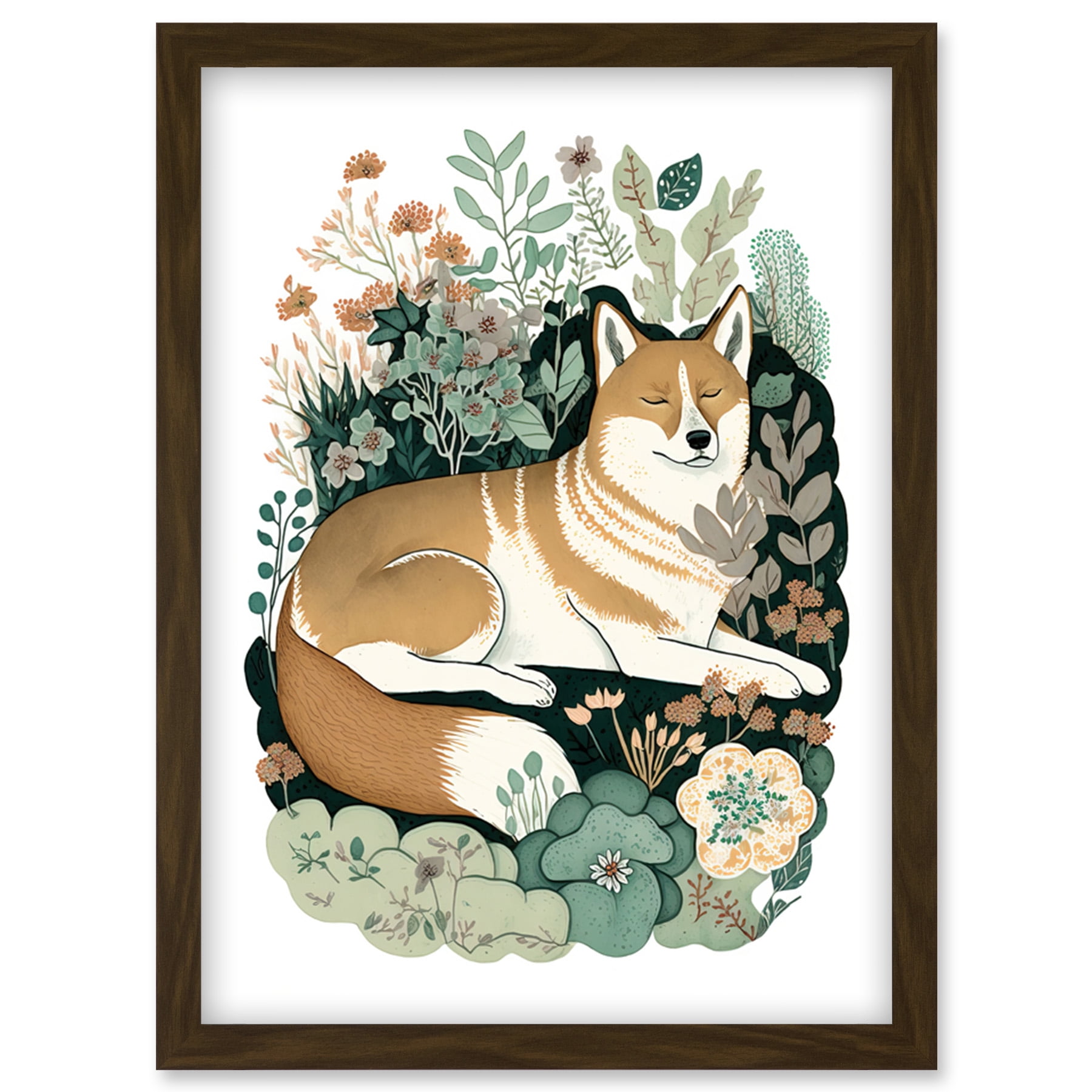 Shiba Inu Dog Lying in Flower Field Modern Stylised Illustration ...