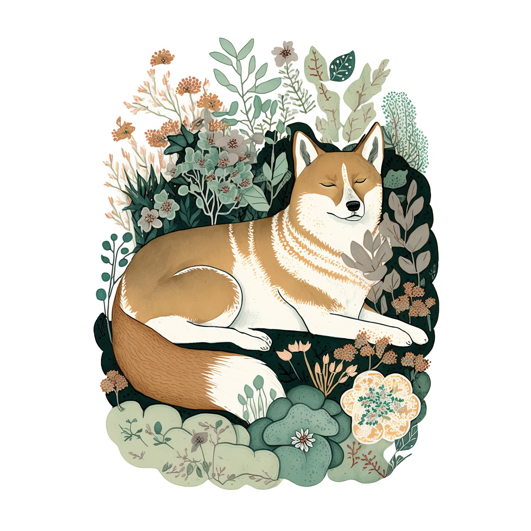 Shiba Inu Dog Lying in Flower Field Modern Stylised Illustration Extra ...