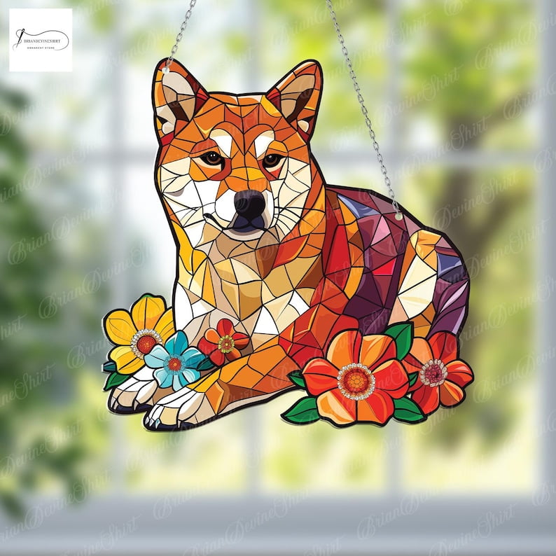 Shiba Inu Dog with Colorful Flowers Acrylic Window Hanging, Pet Lover's ...