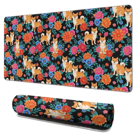 Shiba Inu and Flowers Black Pattern Extended Large Mouse Pad, Keyboard ...