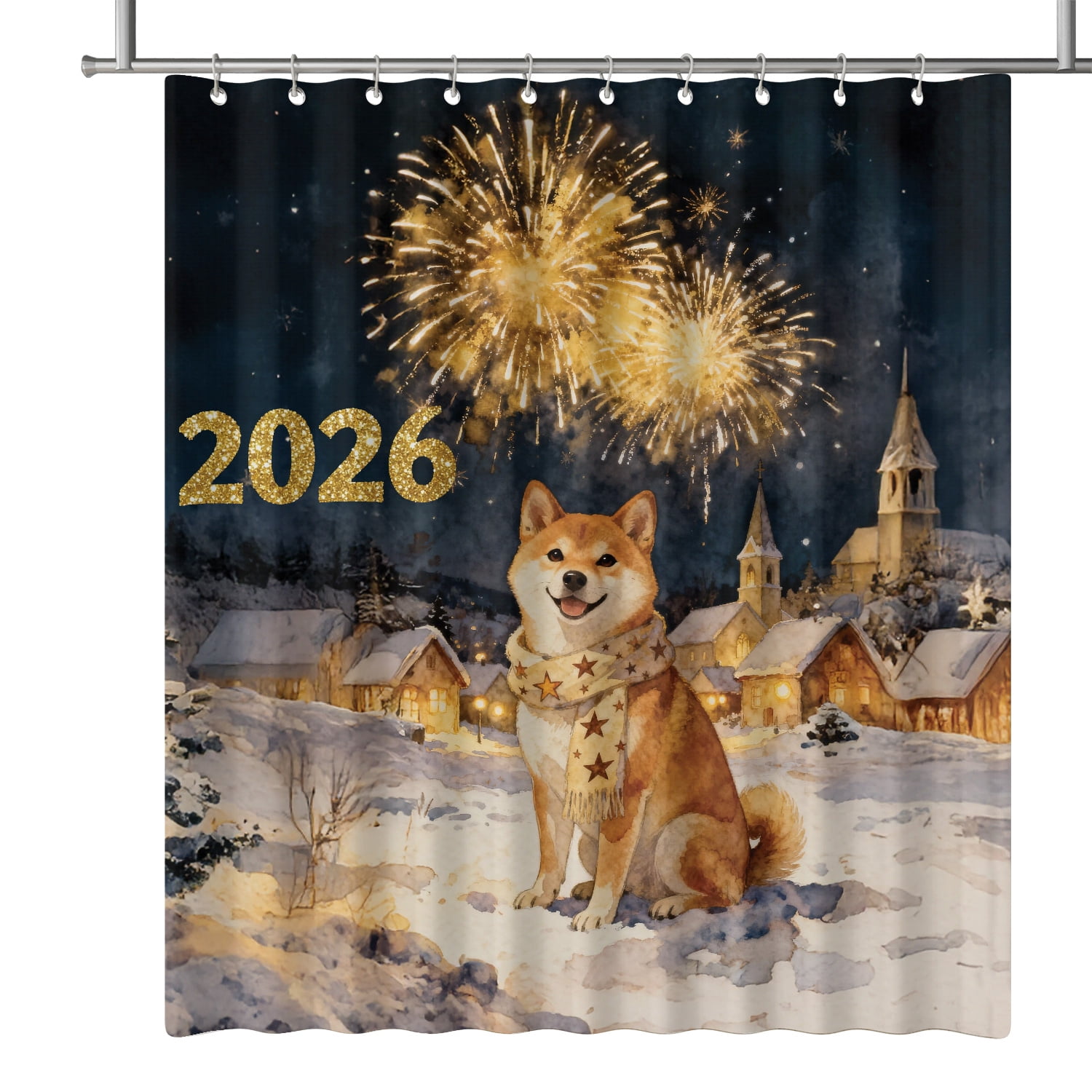 Shiba Inu Happy New Year 2026 with Fireworks on New Year's Eve Shower ...