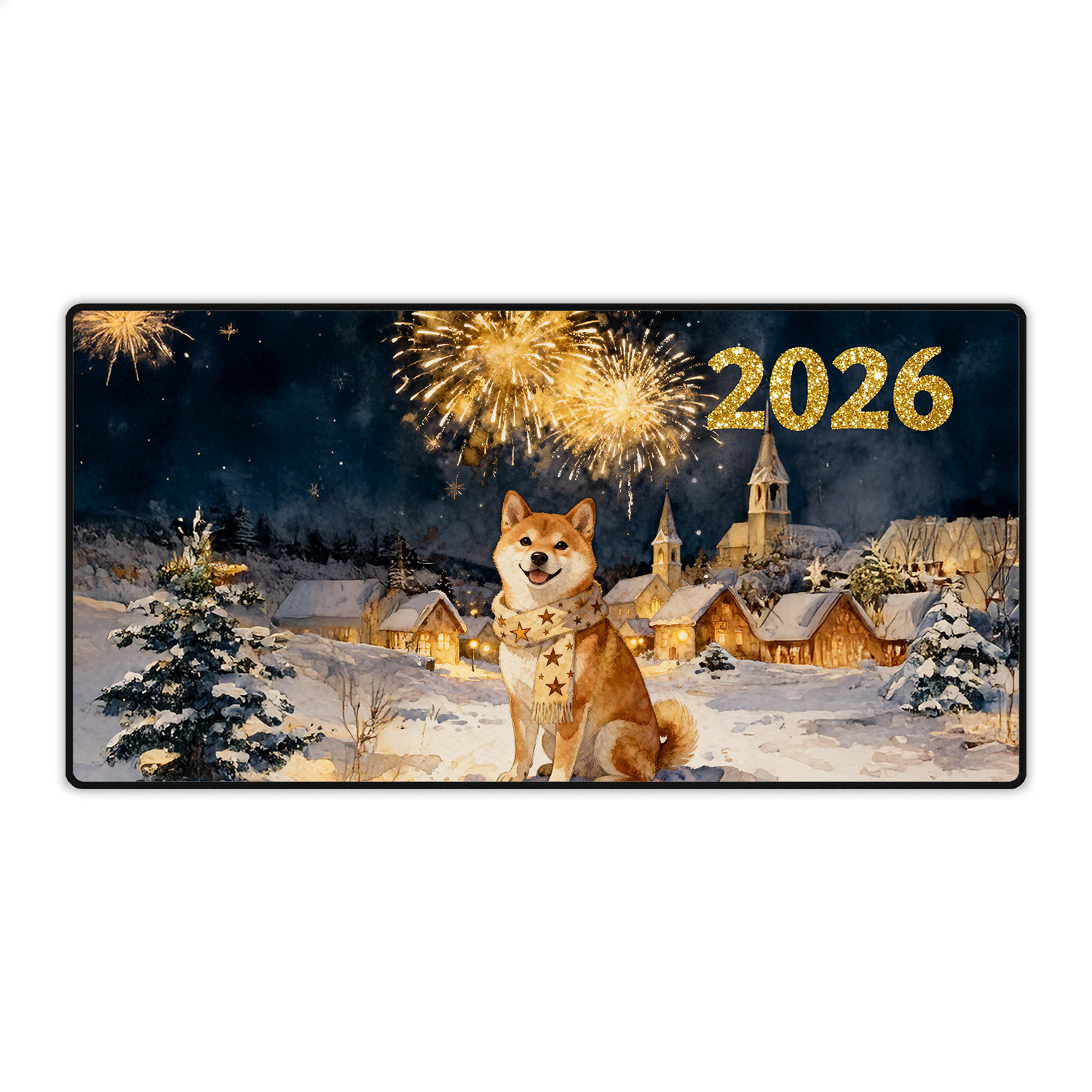 Shiba Inu Happy New Year 2026 with Fireworks on New Year's Eve Desk Mat ...