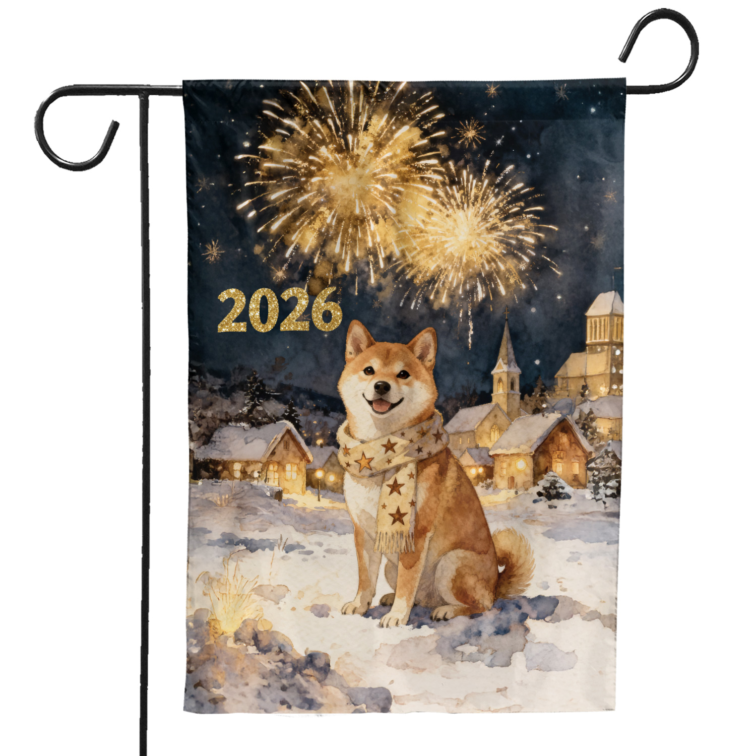 Shiba Inu Happy New Year 2026 with Fireworks on New Year's Eve Garden ...