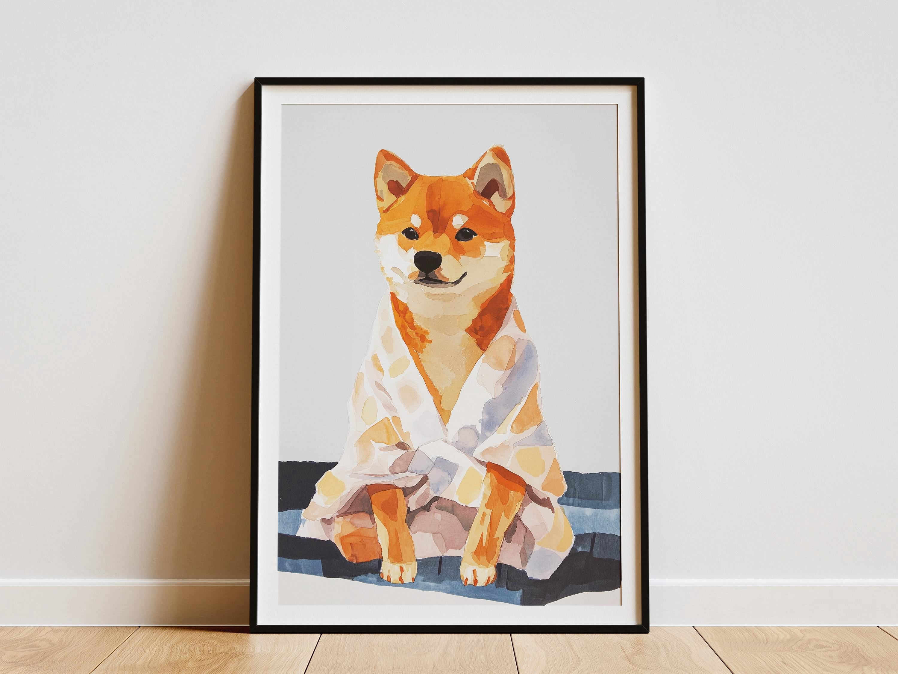 Shiba Inu Puppy in Bathrobe Poster Dog Art Print Watercolor Animal Art ...