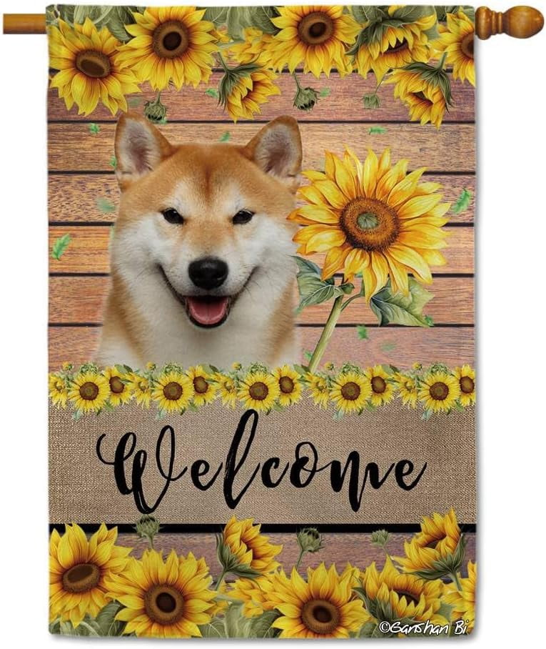 Shiba Inu Sunflower House Flag Dog Welcome Spring Summer Wooden Print ...