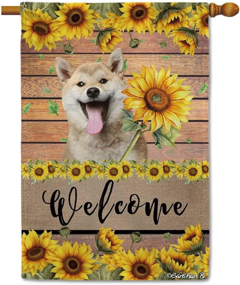 Shiba Inu Sunflower House Flag Dog Welcome Spring Summer Wooden Print ...