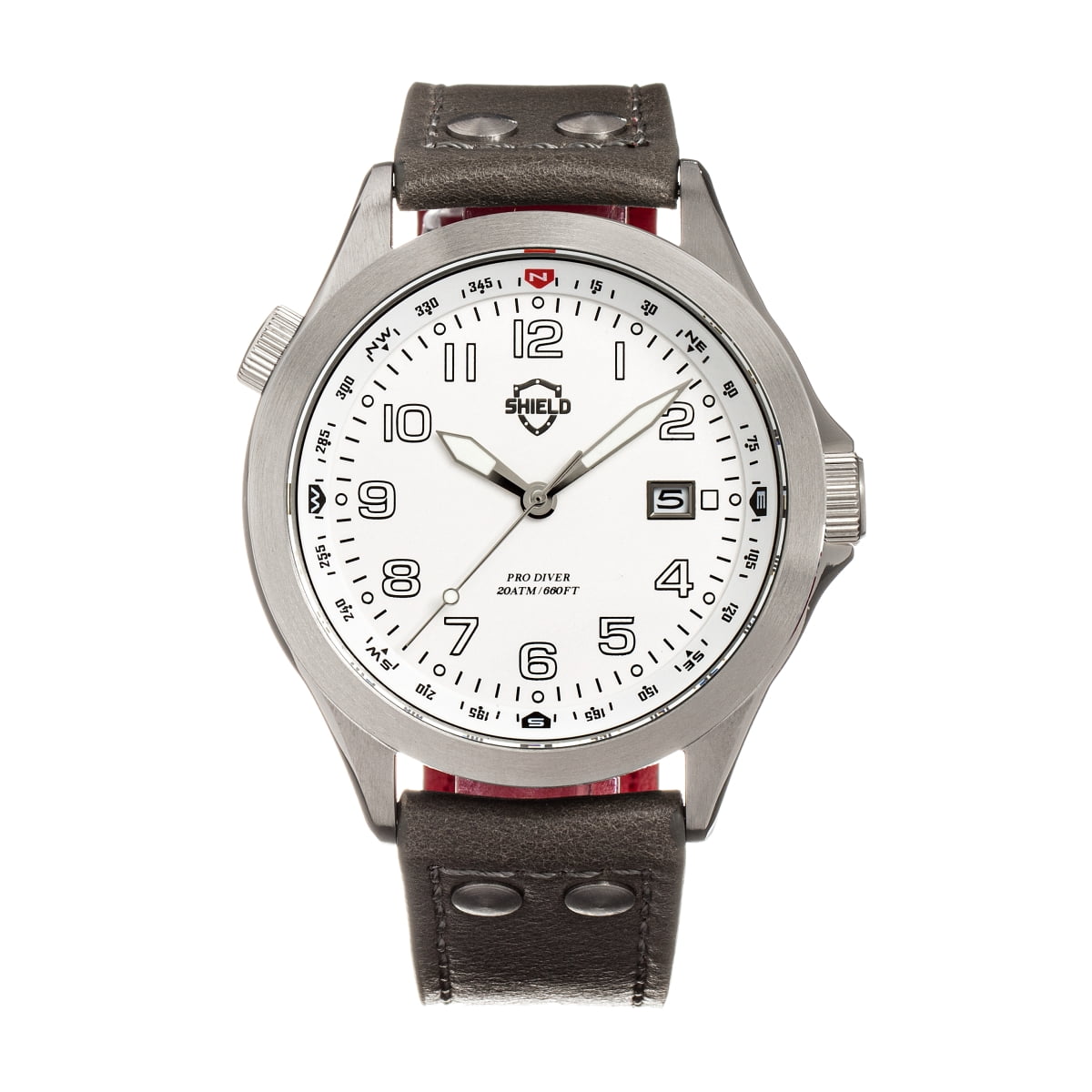 Shield Palau Leather-Band Men'S Diver Watch W/Date - Silver/Grey ...