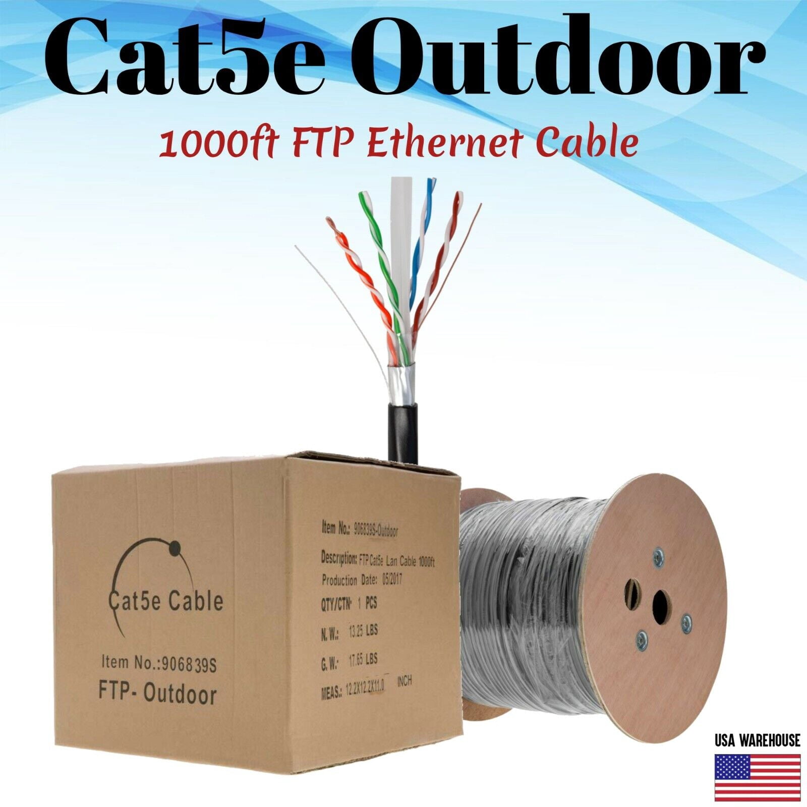 Shielded 1000ft Outdoor Cat5e Cat5 Ethernet Cable FTP Solid UV Direct ...