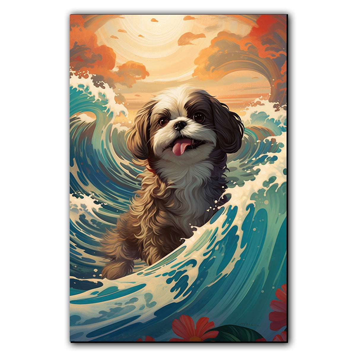 Shih Tzu Canvas Wall Art Framed Great Wave Oil Painting Stretched and ...