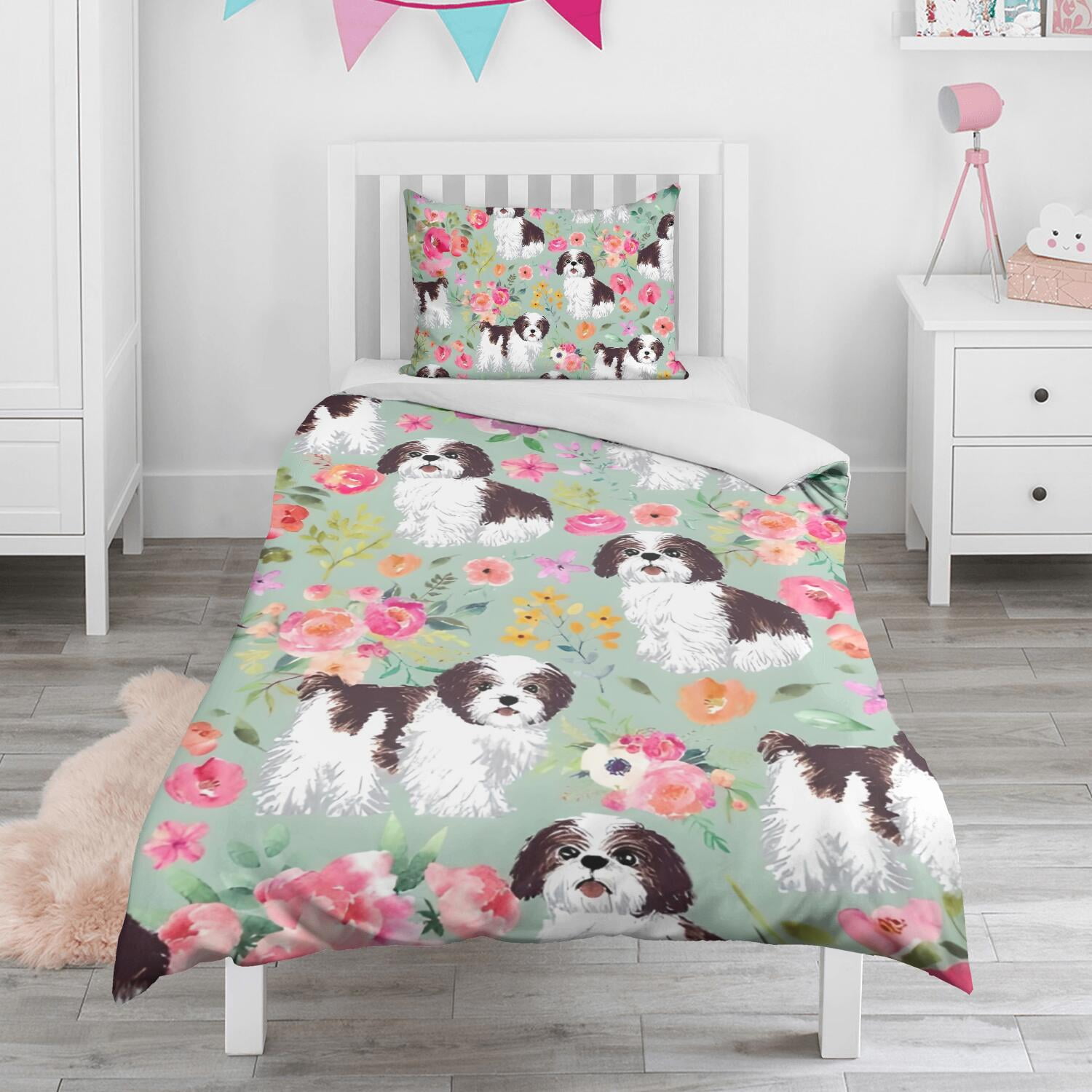 Shih Tzu Dog and Flower Floral Duvet Cover and Pillowcase Set for ...