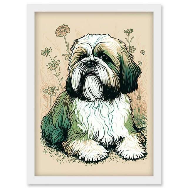 Shih Tzu Dog with Daisies Modern Multicoloured Linocut Illustration ...