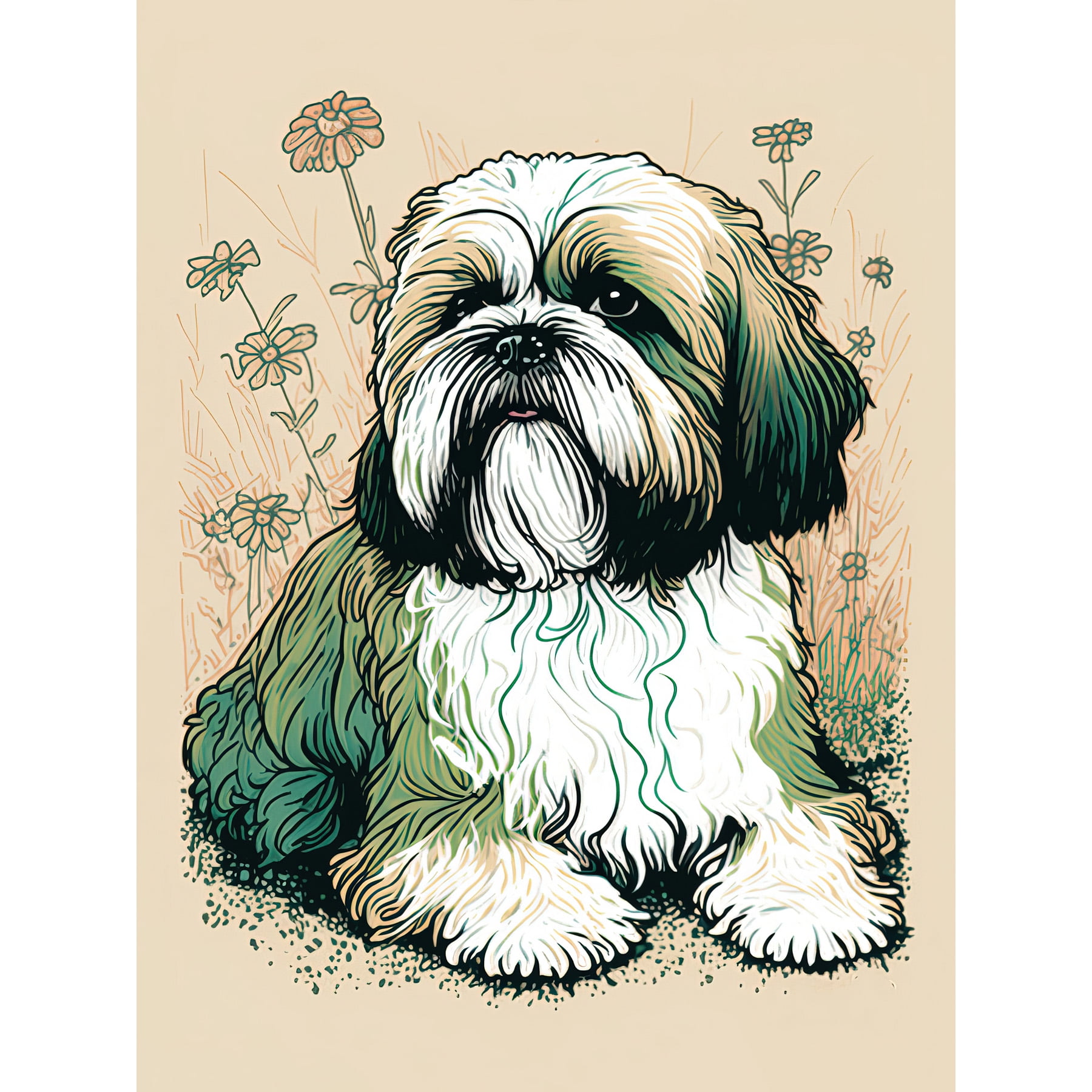 Shih Tzu Dog with Daisies Modern Multicoloured Linocut Illustration ...