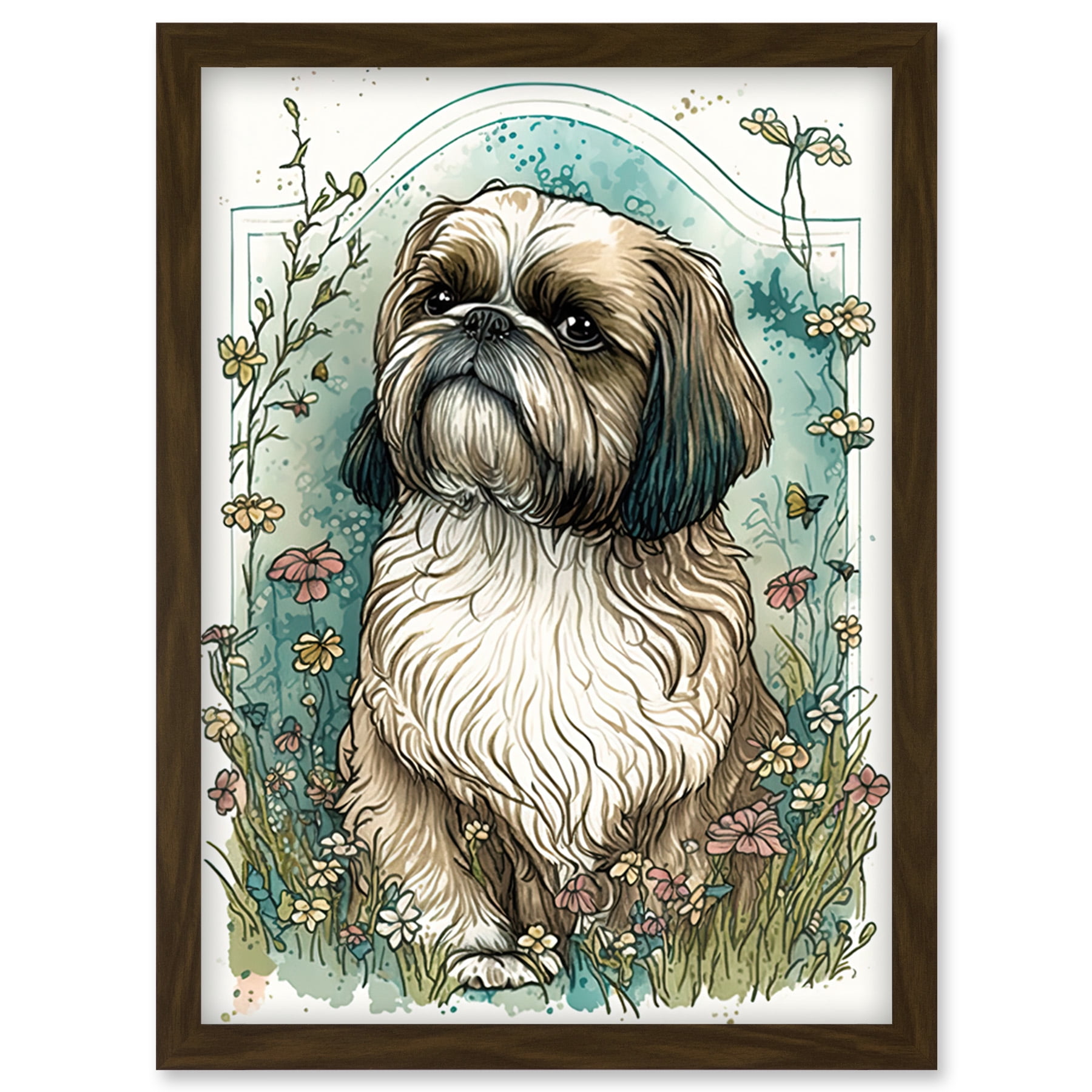 Shih Tzu Dog with Wildflowers Modern Art Nouveau Inspired Illustration ...