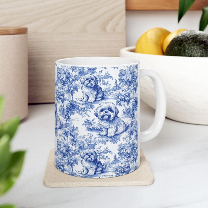 Shih Tzu French Toile de Jouy Mug - Elegant Blue Toile Coffee Cup for ...