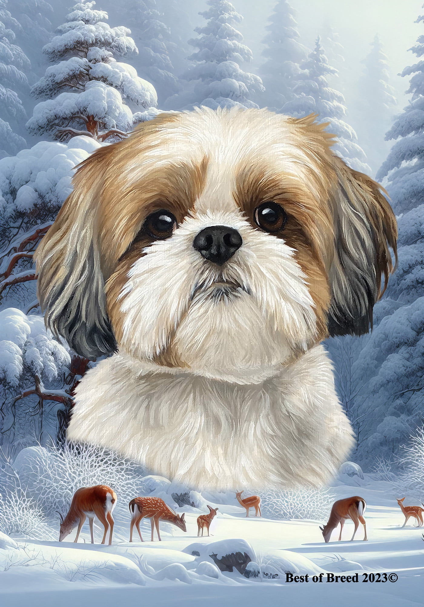 Shih Tzu Gold/White - Best of Breed Winter Wonderland Garden Flag 12" x ...