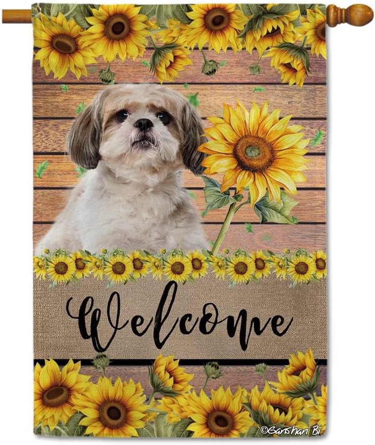 Shih Tzu Sunflower House Flag Dog Welcome Spring Summer Wooden Print ...