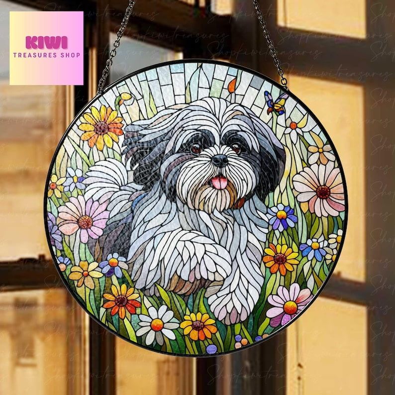 Shih Tzu wildflowers GLASS Suncatcher Hanging, shih tzu suncatcher ...