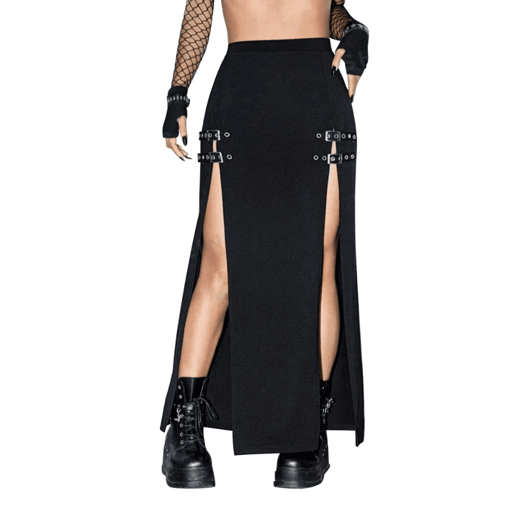 Shihatsusr Punk Buckle Skirt - High Waist A-Line w/Double Thigh Split ...