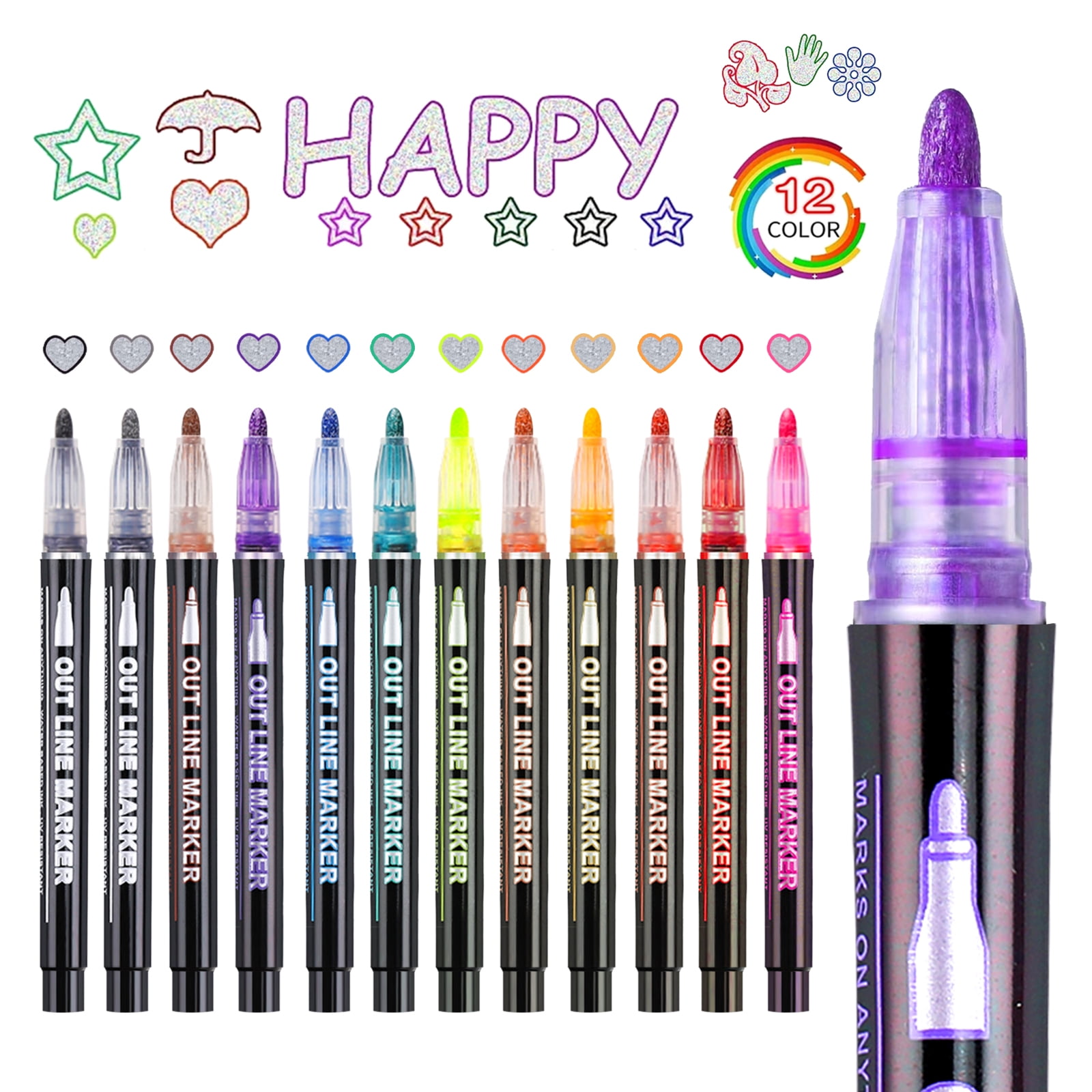 Shimmer Art Pens Outline Double Line, 12 Colors Metallic Glitter ...