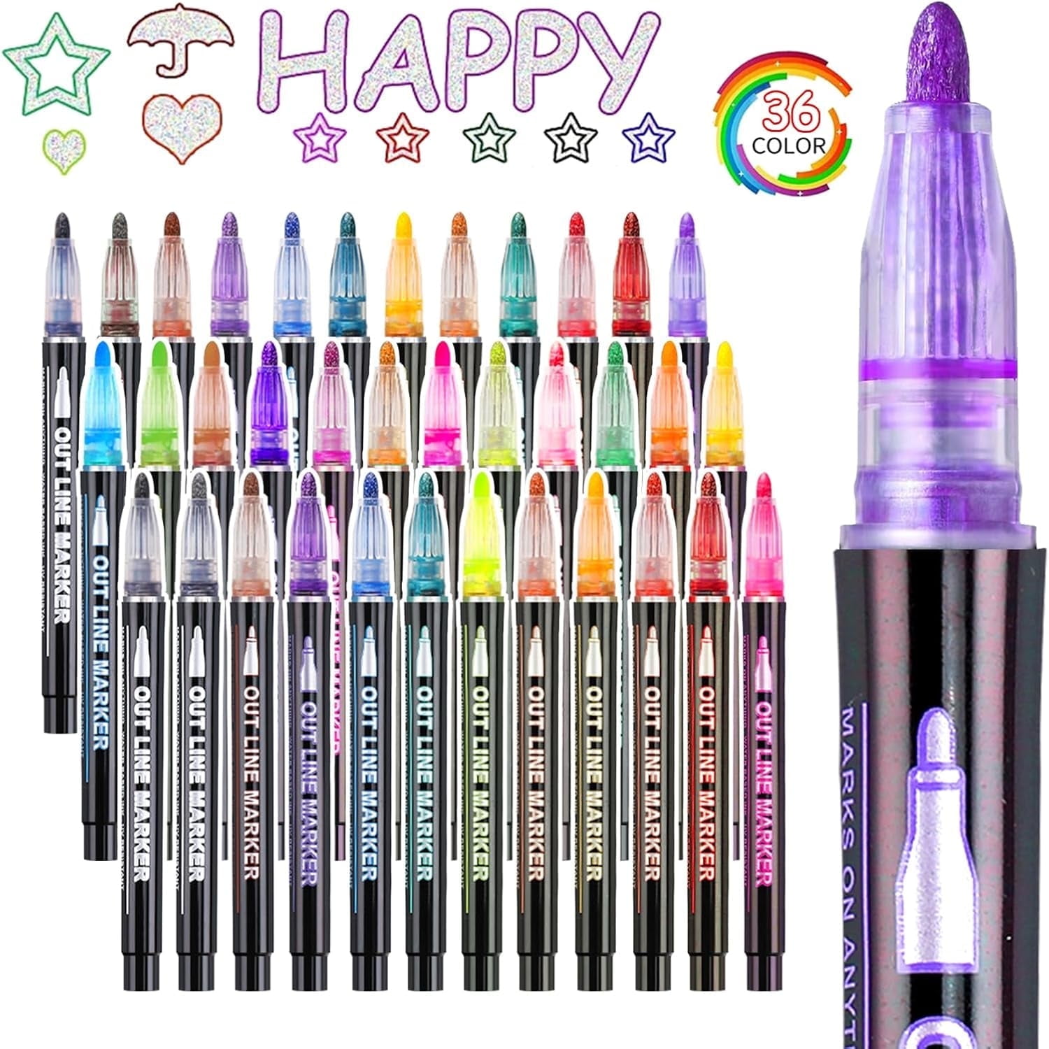 Shimmer Art Pens Outline Double Line, 36 Colors Metallic Glitter ...