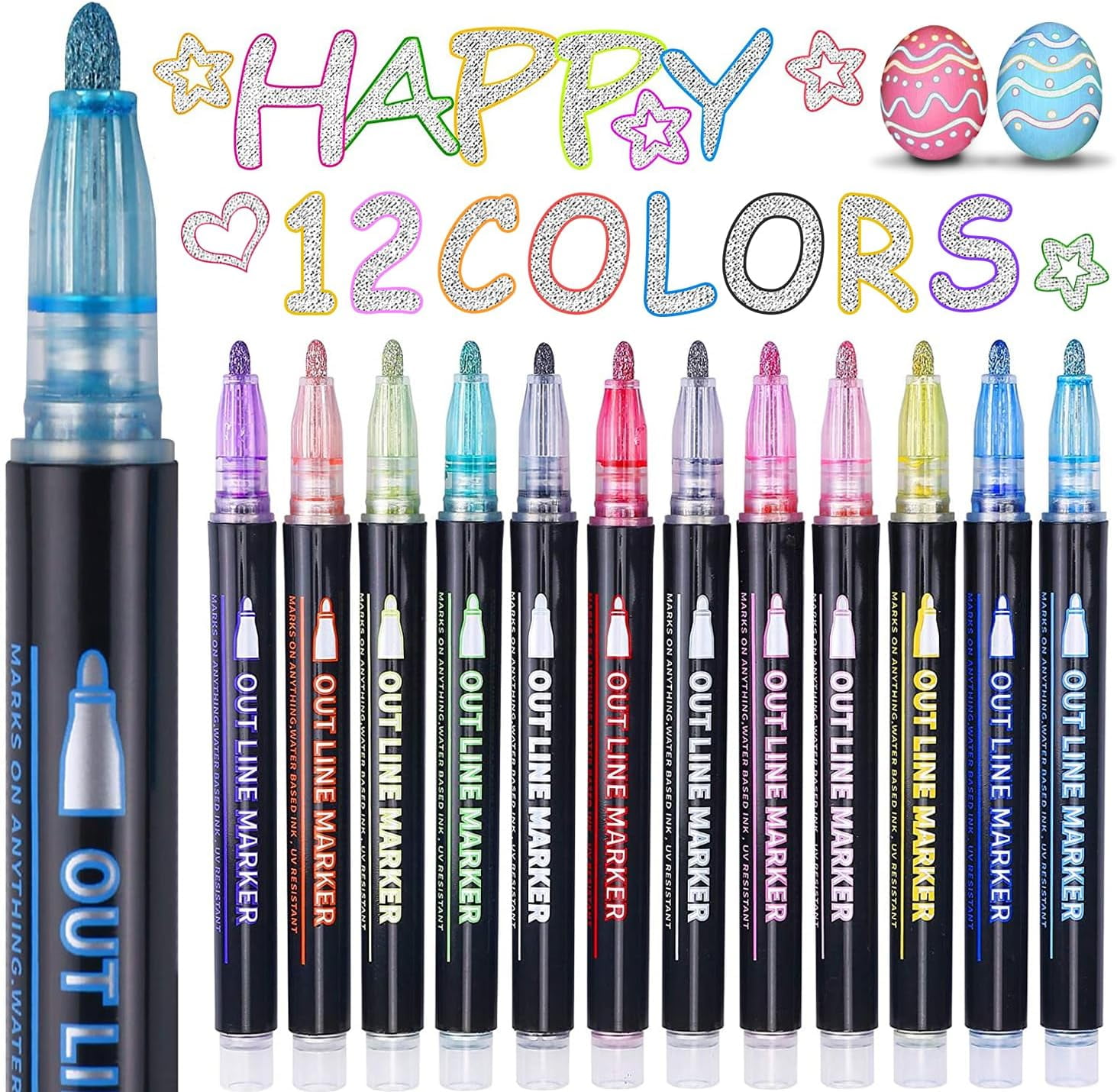 Shimmer Markers 12 Pack, Glitter Gel Pens for Outline & Detail Art ...