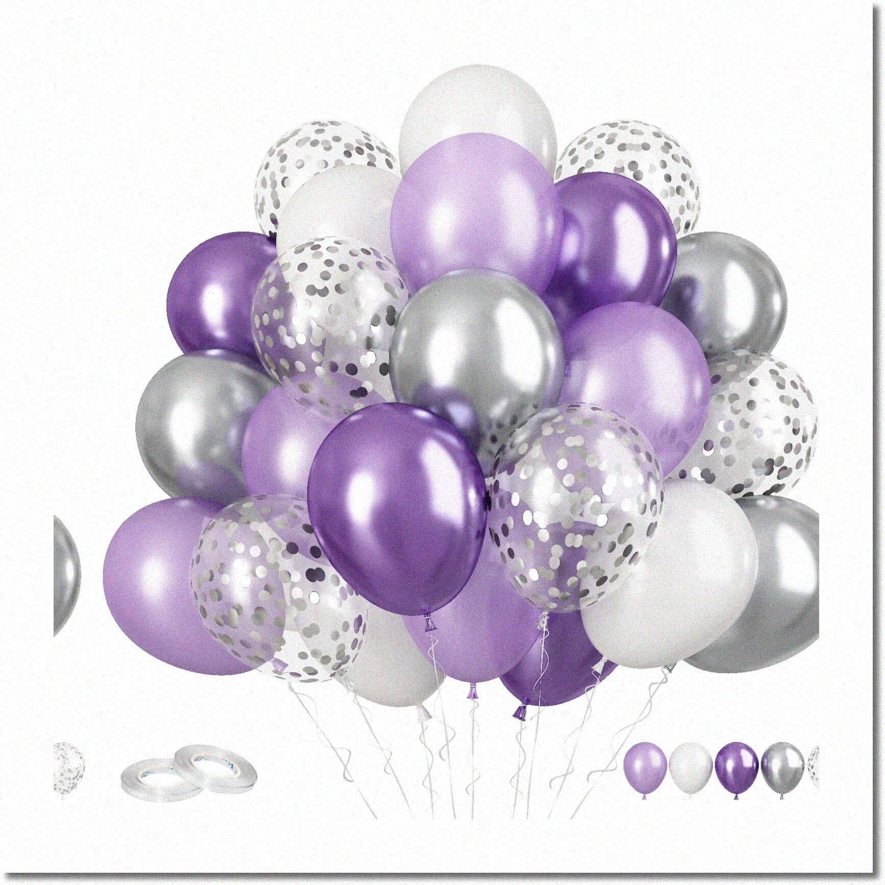Shimmering Amethyst Celebration Kit - 60pcs Light Purple Silver Balloons, 12" Metallic Silver ...