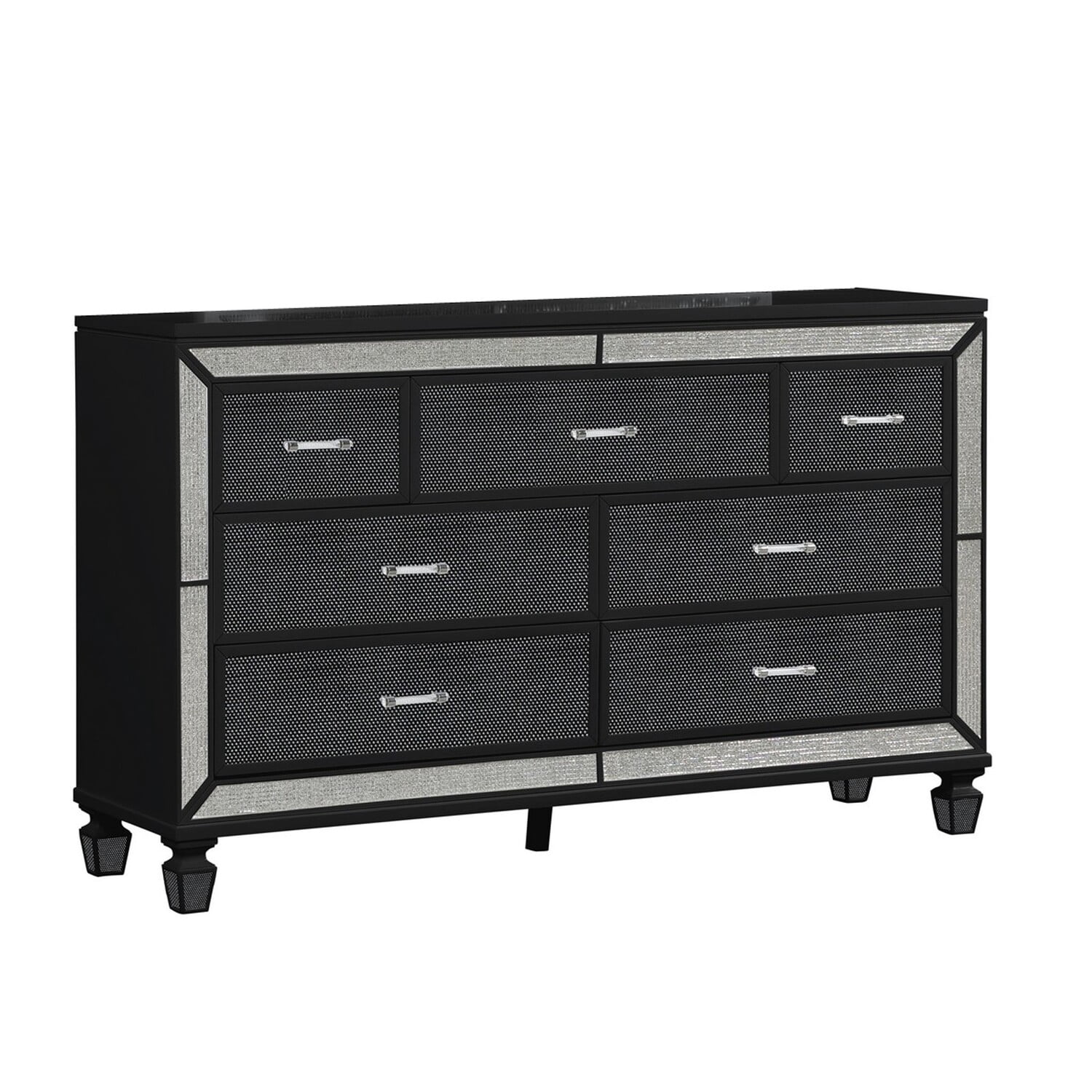 Shin 64 Inch Wide 7 Drawer Dresser, Modern Glam Shiny Black Upholstery ...
