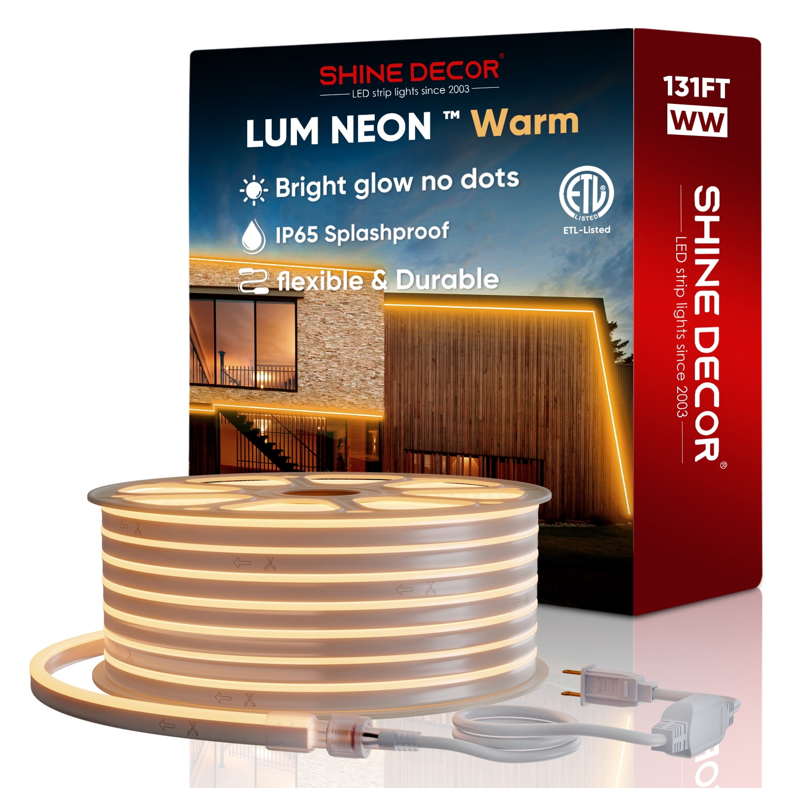 Shine Decor 131FT LED Neon Rope Lights, Bright 2500K Warm White AC110V ...