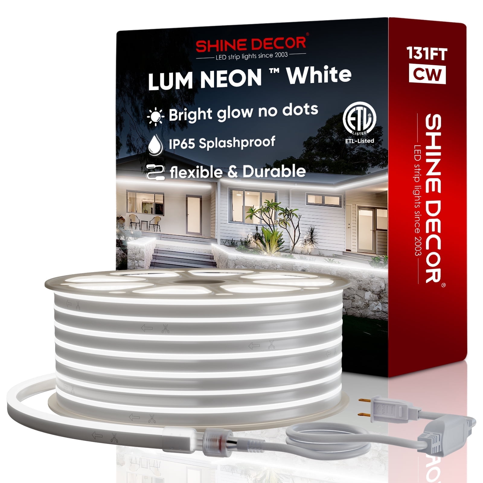Shine Decor 131FT LED Neon Rope Lights, Bright 6300K Cool White AC110V ...