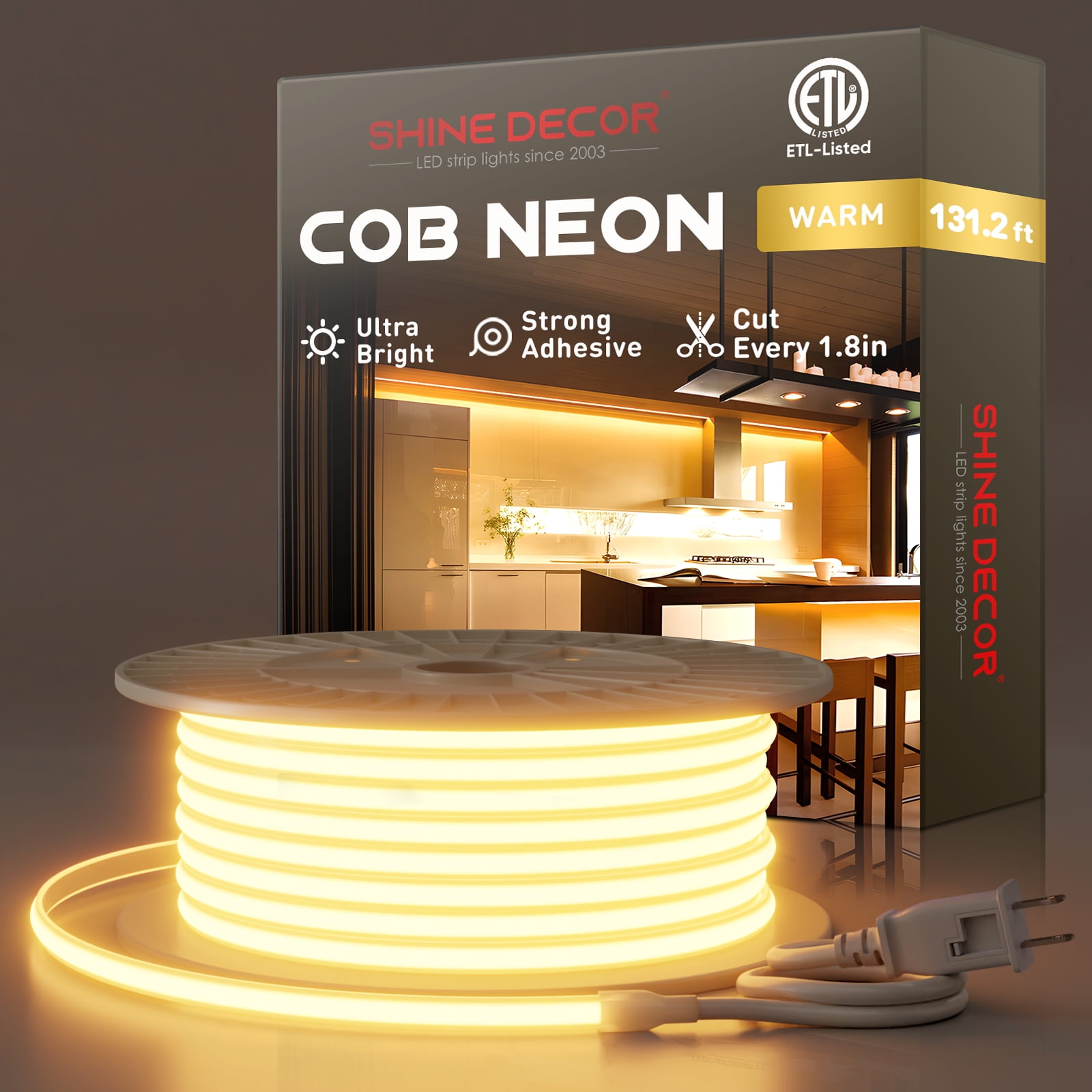 Shine Decor COB LED Neon Rope Light AC110-120V 131.2ft, 800lm Ultra ...