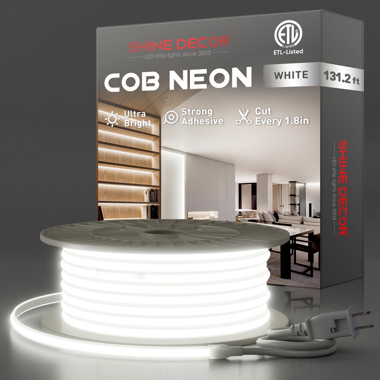 Shine Decor COB LED Neon Rope Light AC110-120V 131.2ft, 800lm Ultra ...
