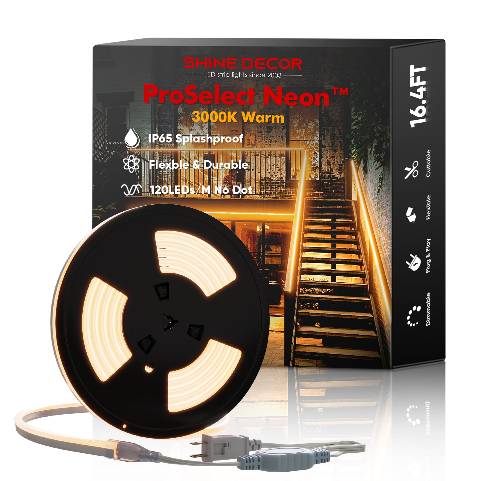 Shine Decor LED Neon Rope Lights 16.4FT, Neon LED Strip Light 3000K ...