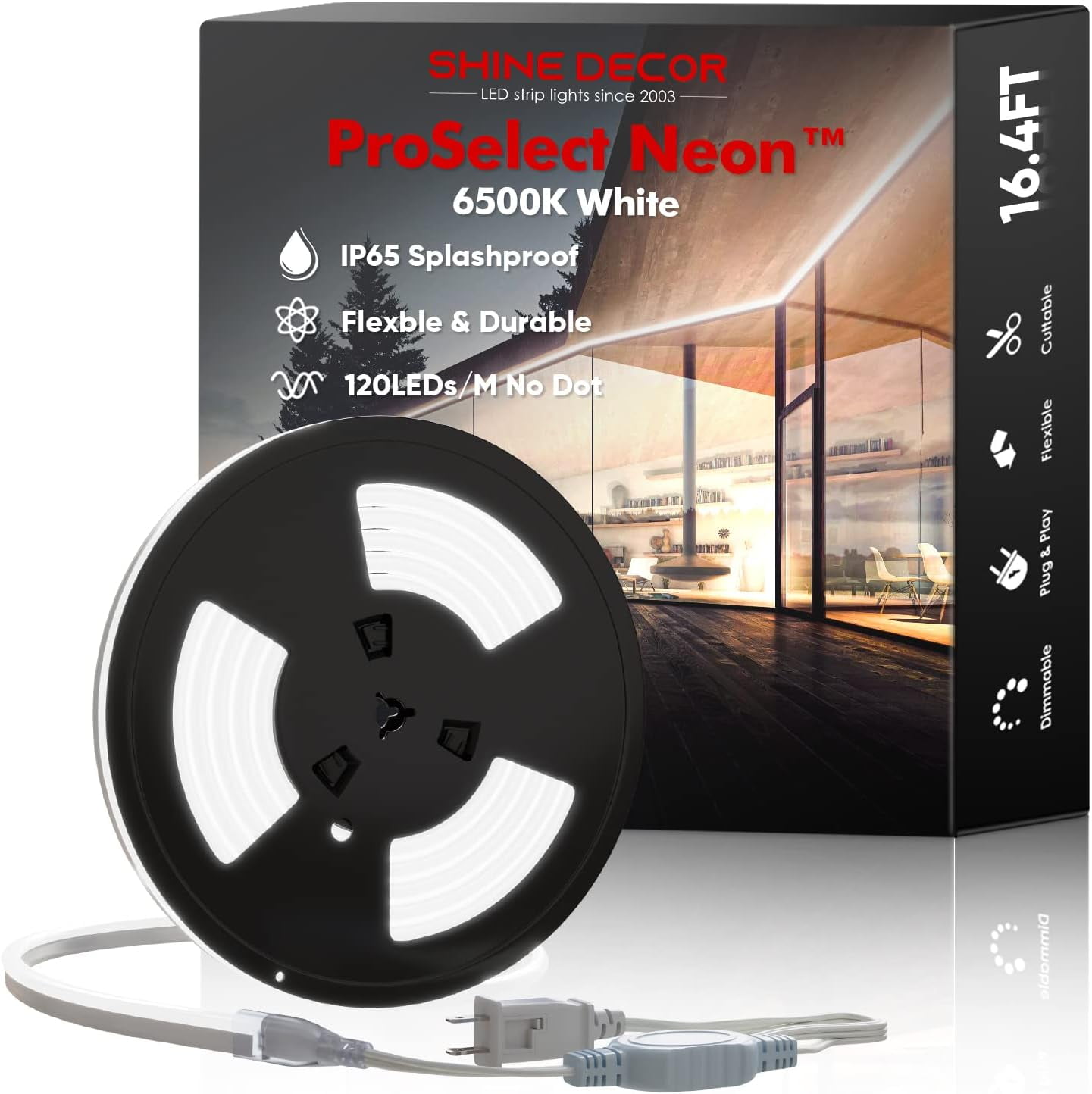 Shine Decor LED Neon Rope Lights 50FT, Neon LED Strip Light 6500K Cool ...