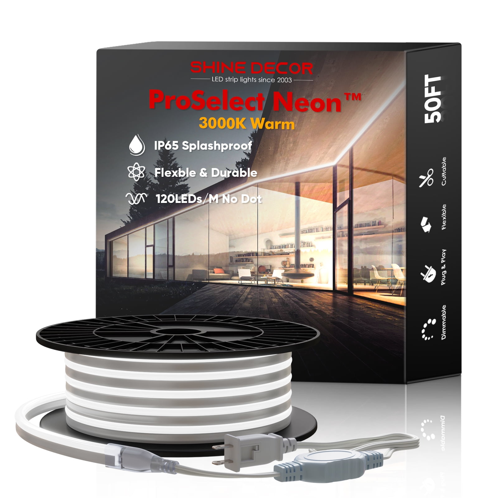 Shine Decor LED Neon Rope Lights 50FT, Neon LED Strip Light 3000K Warm ...