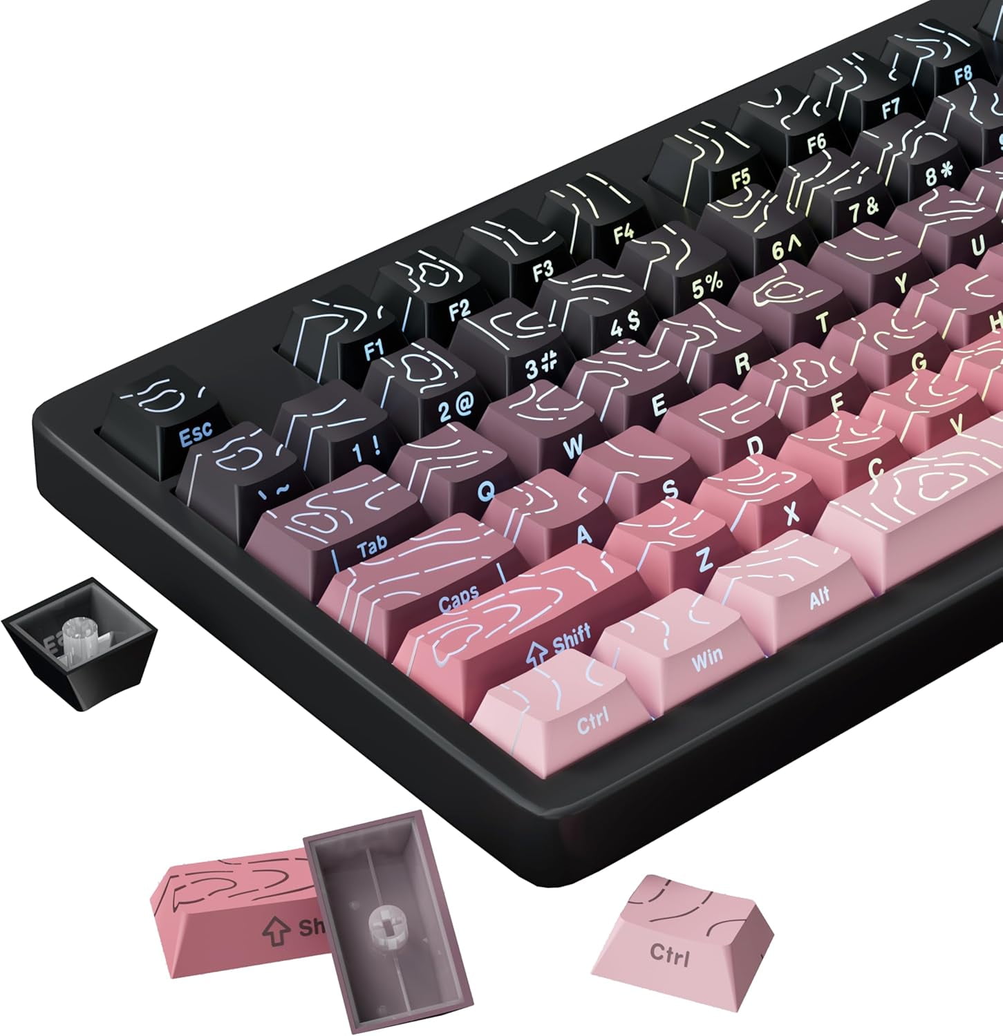 Shine Through PBT Keycaps, Pink Side Printed Double Shot Keycaps Set ...
