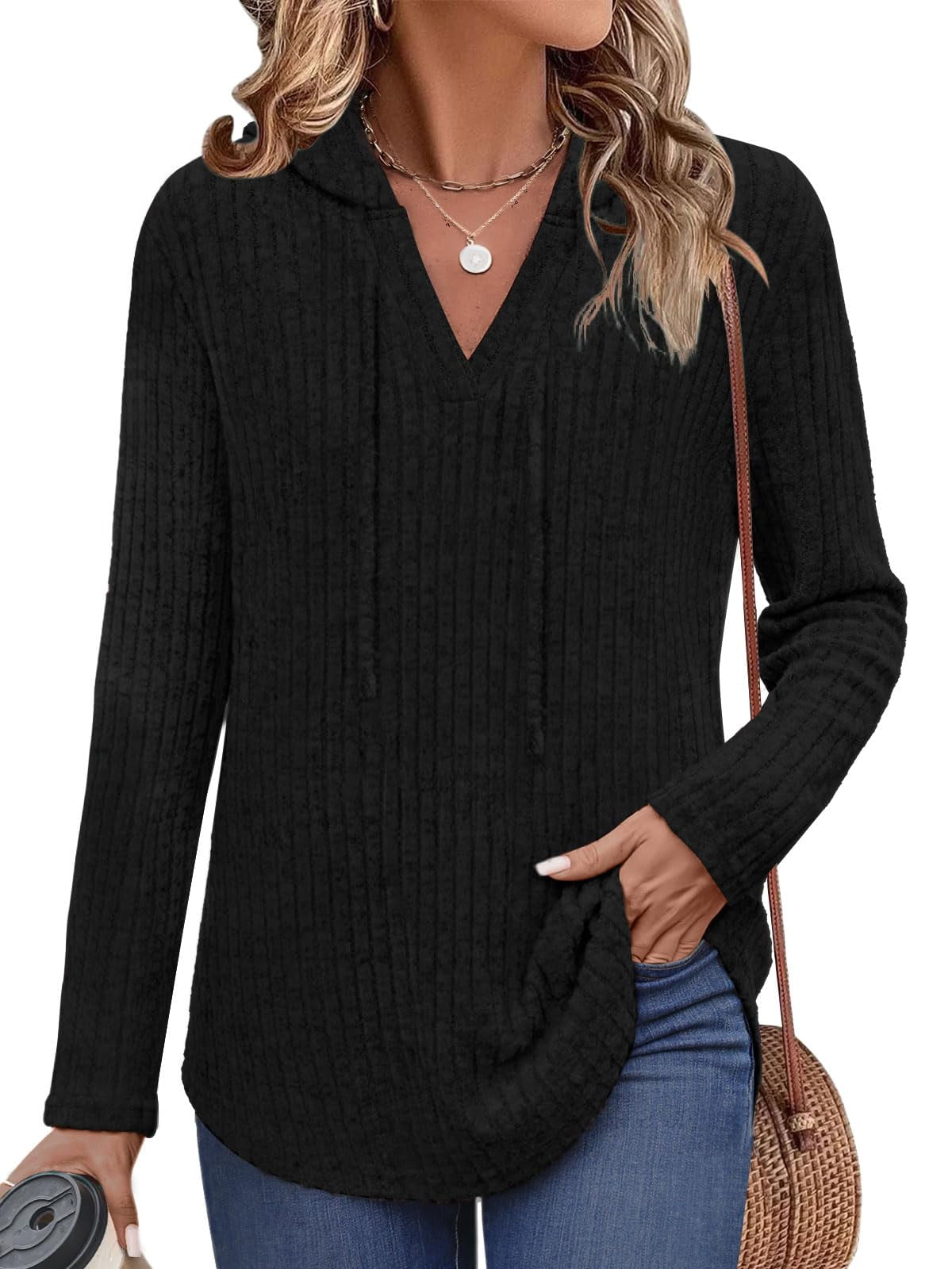 Shine Up Hoodies for Women Ribbed V Neck Knit Pullover Sweater Fall ...