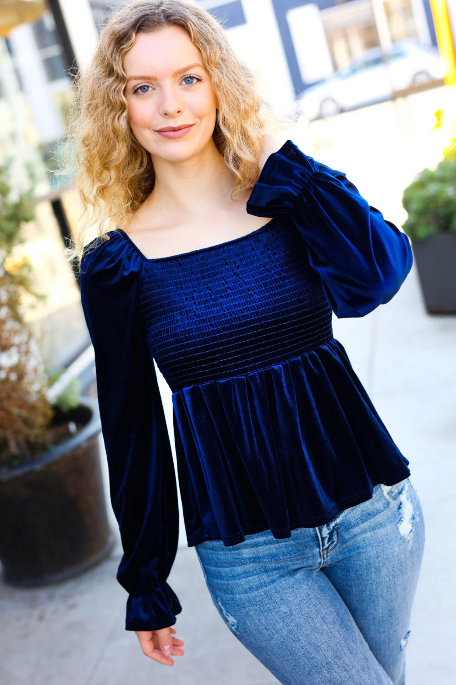 Shine Your Light Navy Crushed Velvet Smocked Ruffle Top - Walmart.com