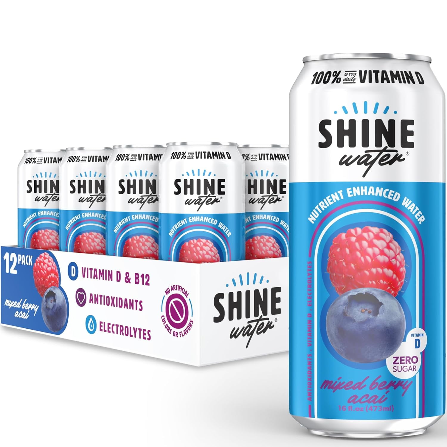 ShineWater Nutrient Enhanced Water, Mixed Berry Acai, 16 fl oz Cans, 12 ...