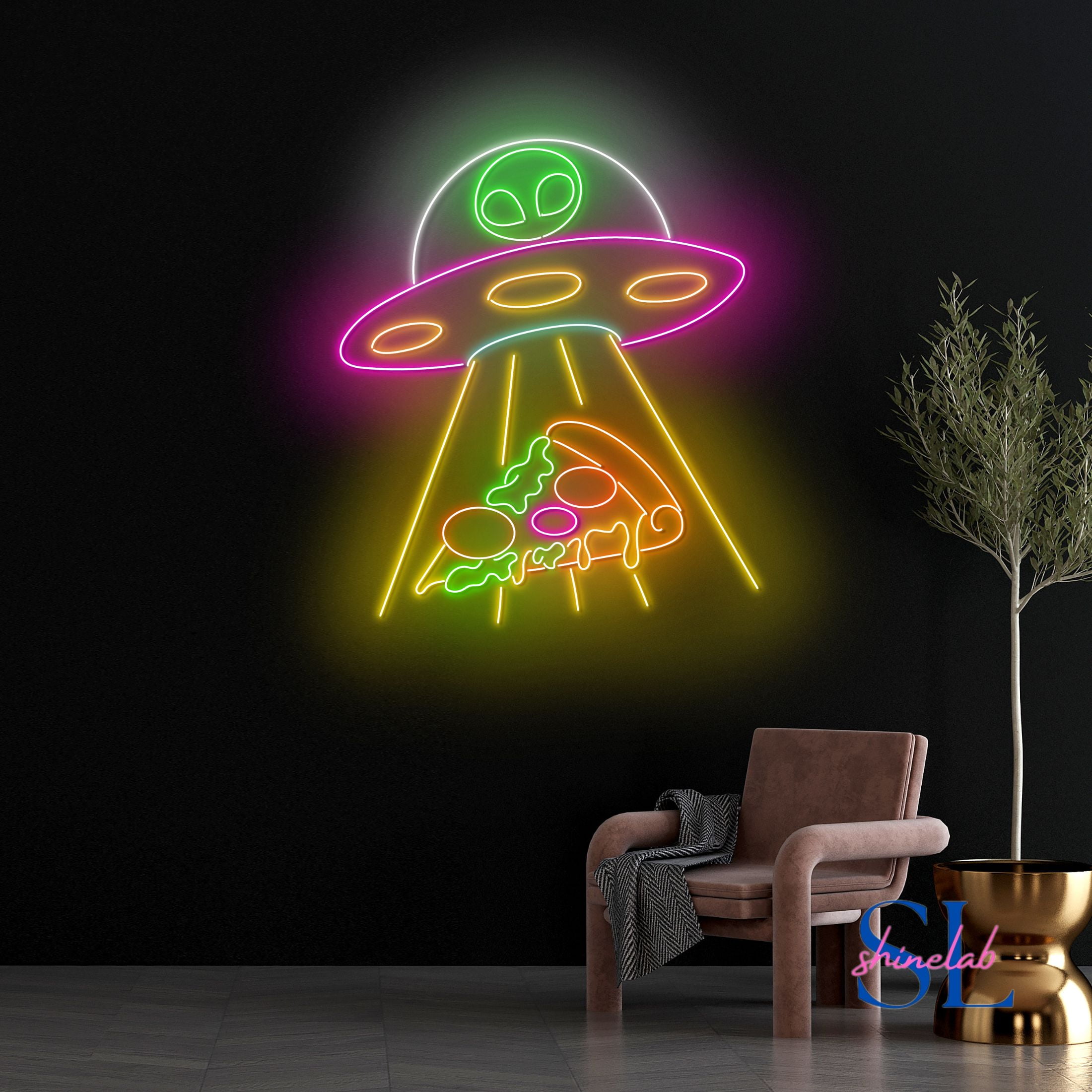 Shinelab Alien Pizza Abduction Neon Sign, Italian Food Wall Art, Pizza ...