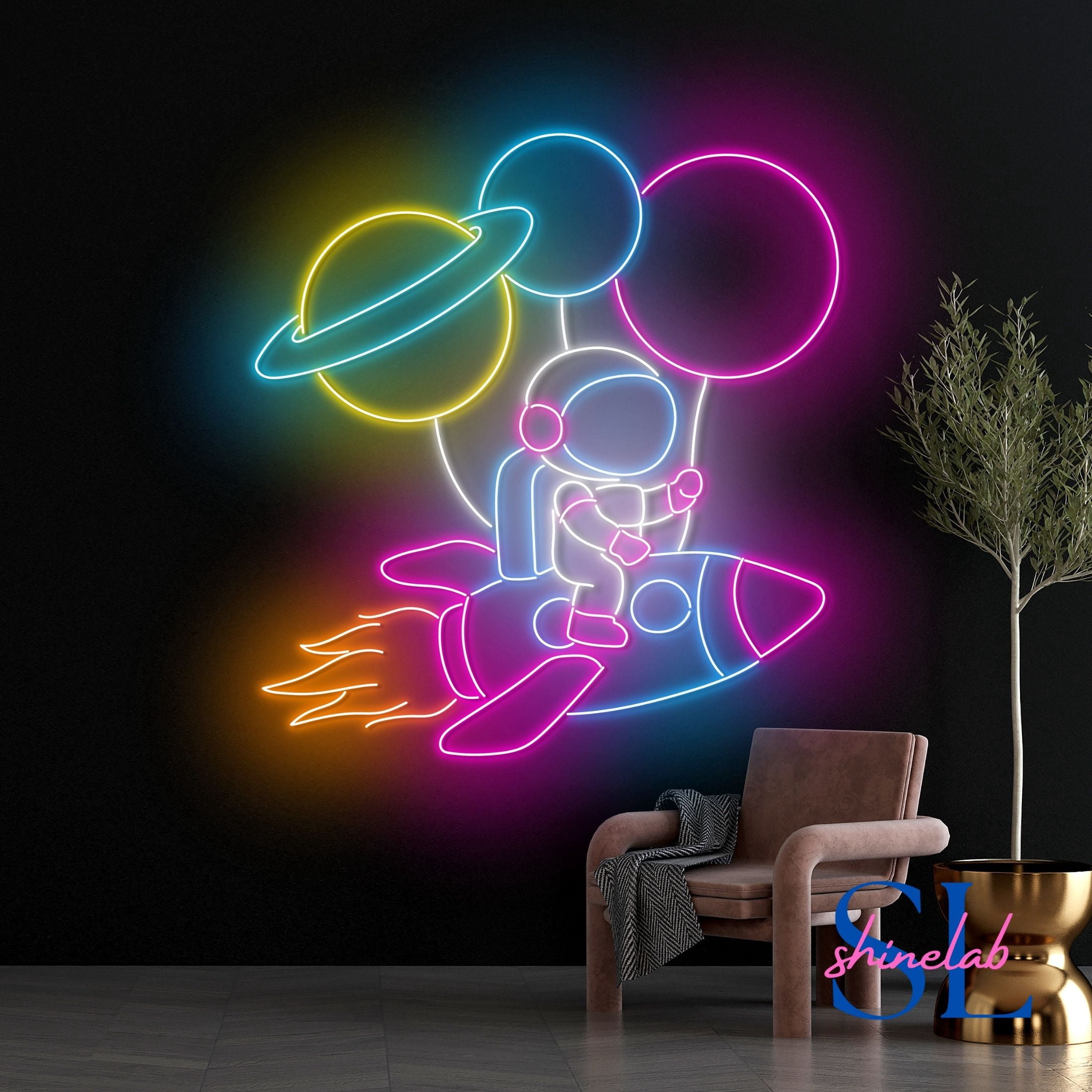 Shinelab Astronaut Riding Rocket Neon Sign, Spaceman with Planet ...