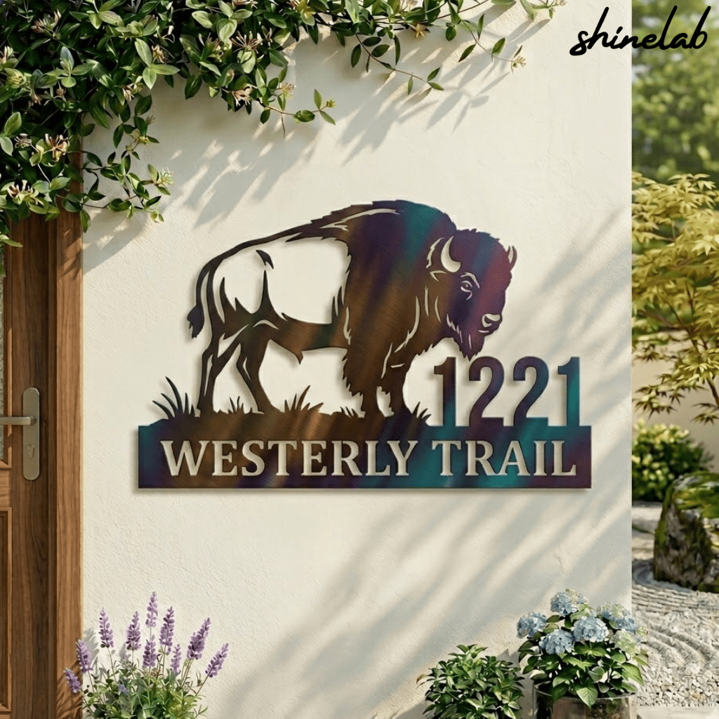 Shinelab Bison Metal Wall Art, Fire Roasted Buffalo House Number ...
