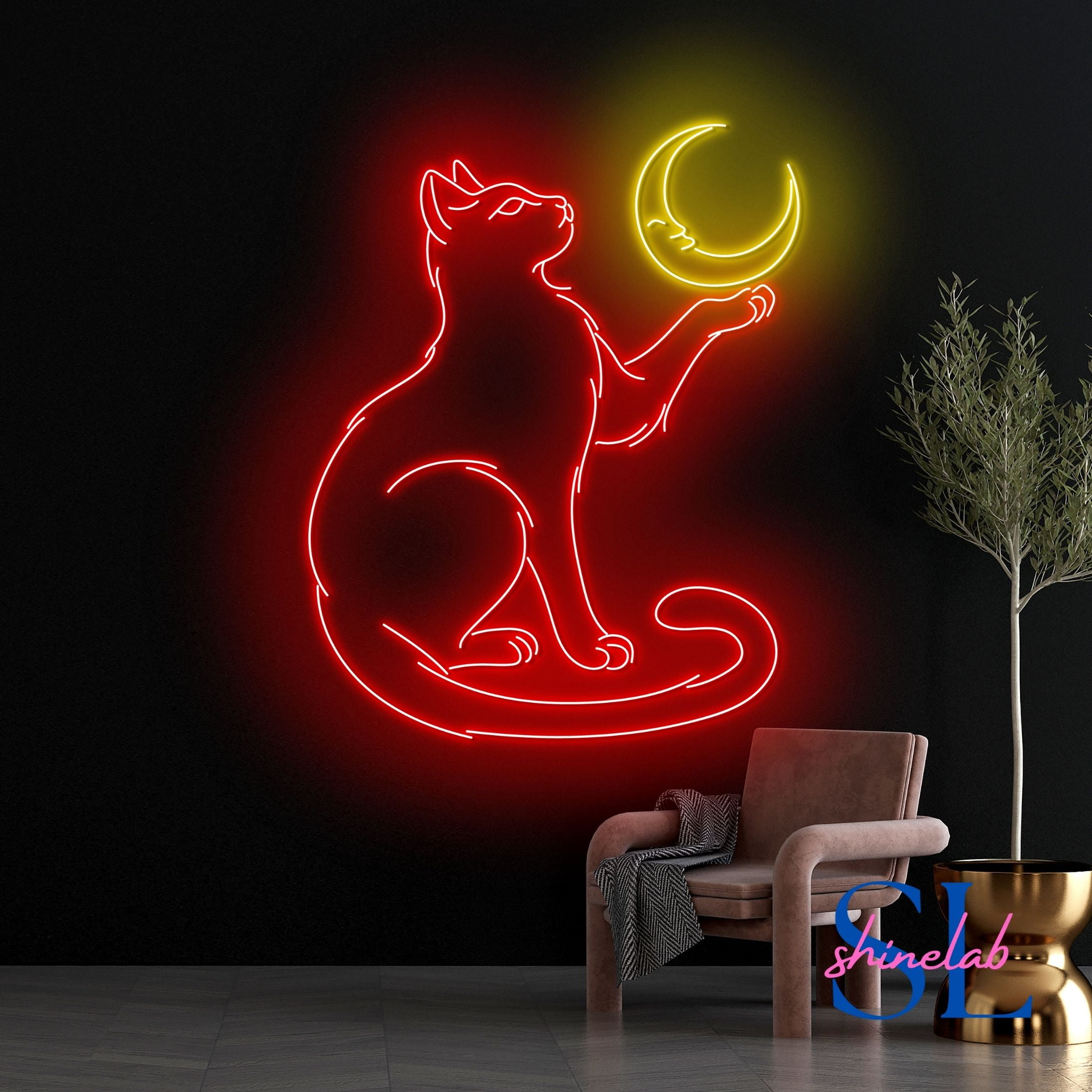 Shinelab Black Cat Moon Neon Sign, Led Light Moon Cat Sign Home Decor ...