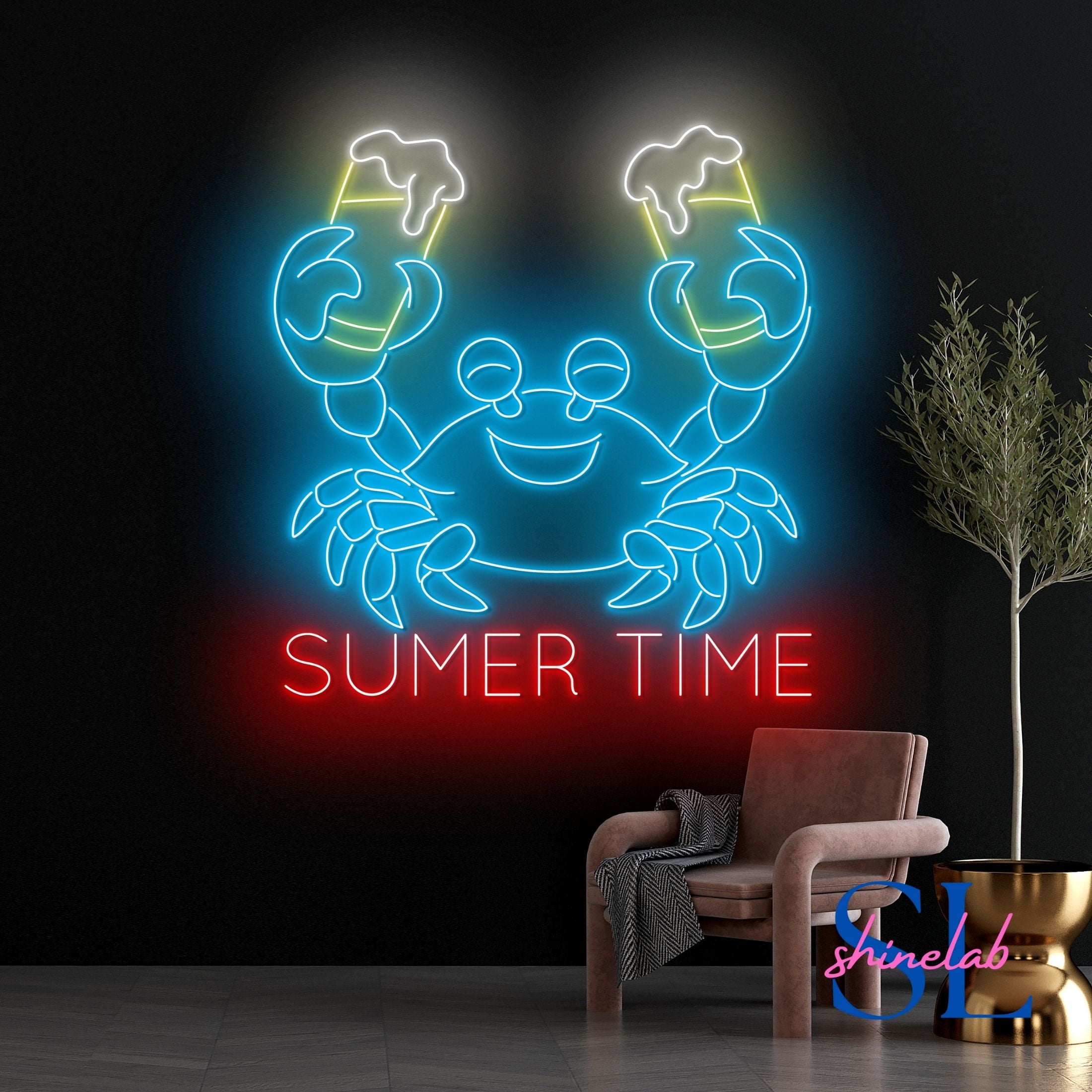Shinelab Blue Crab Holding Two Beers Neon Sign, Summer Time Led Sign ...