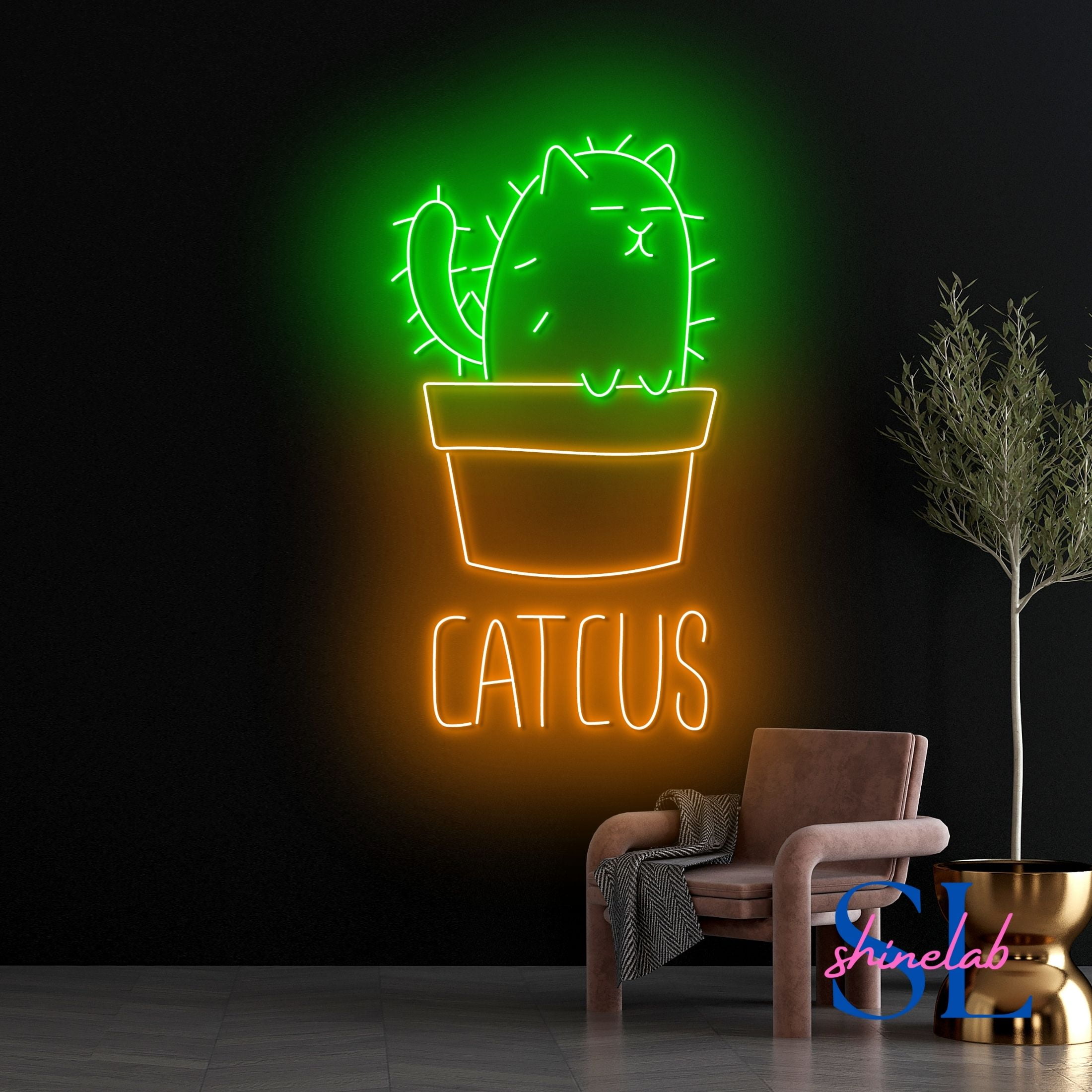 Shinelab Catcus Neon Sign, Cactus Cat Led Sign, Cute Cat Cactus Wall ...
