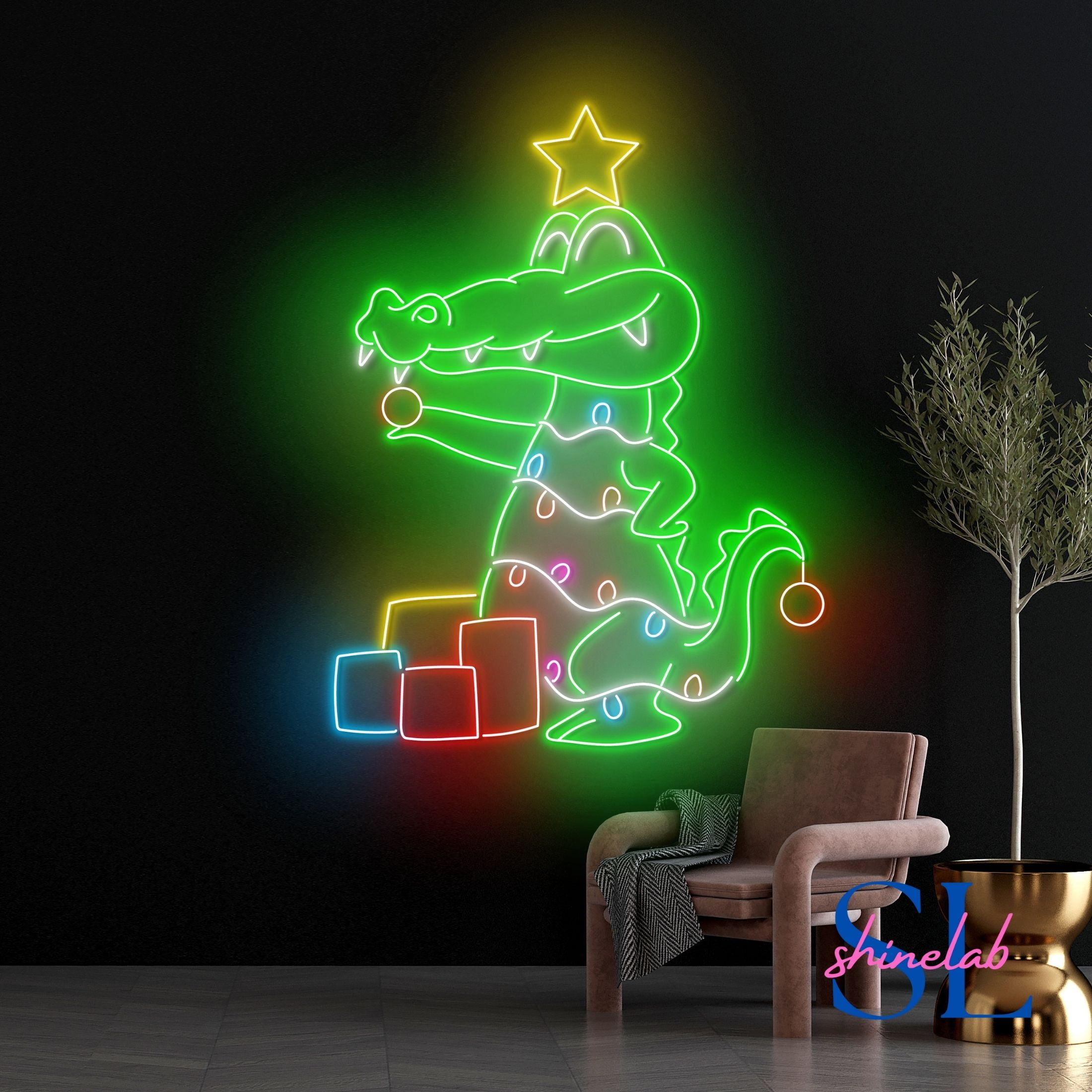Shinelab Crocodile Christmas Neon Sign, Christmas Crocodile Led Sign ...