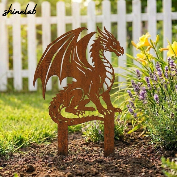 Shinelab Dragon Metal Garden Stake, Rustic Garden Art, Gift For Dragon ...