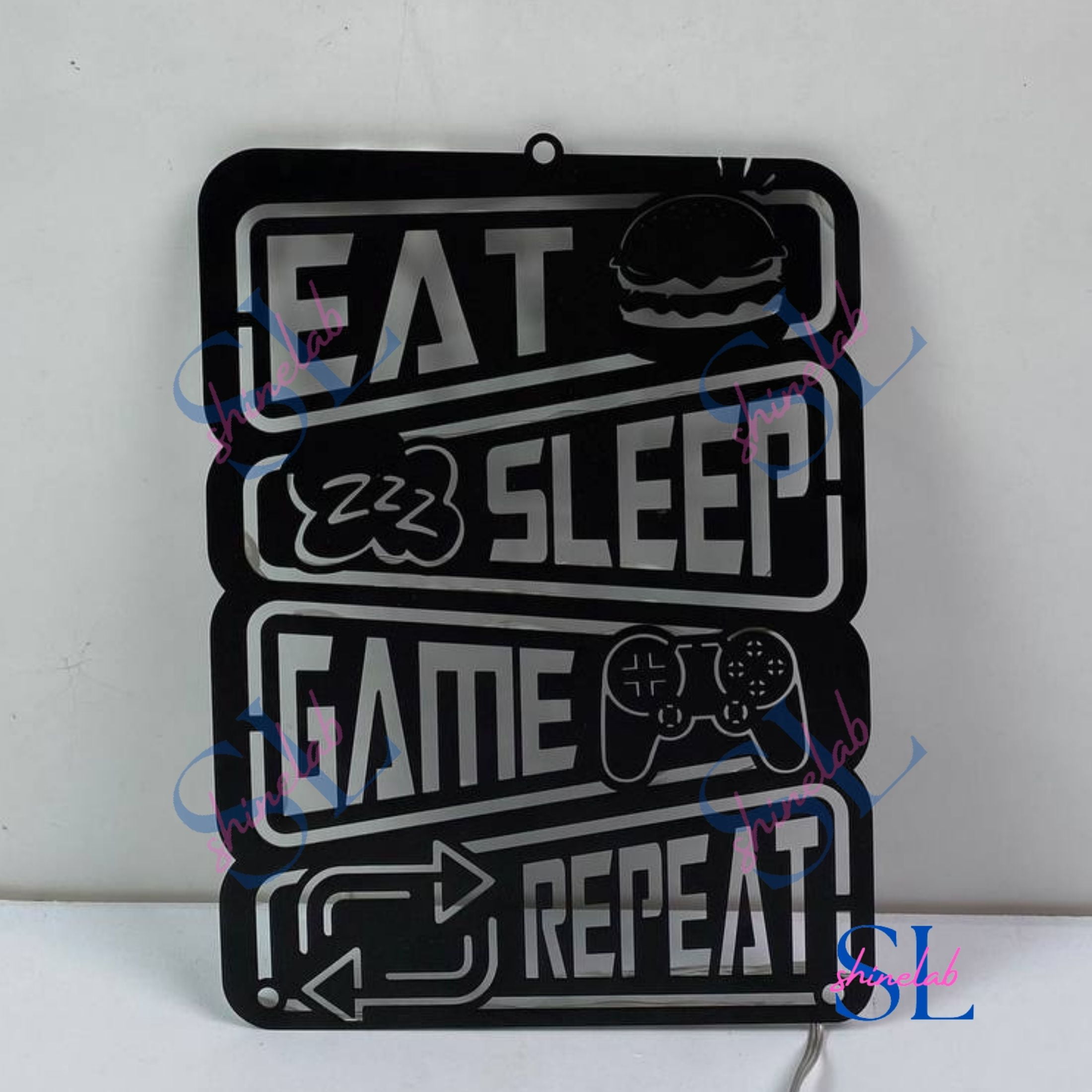 Shinelab Eat Sleep Game Repeat Metal Wall Art LED Light, Gamer Sign ...