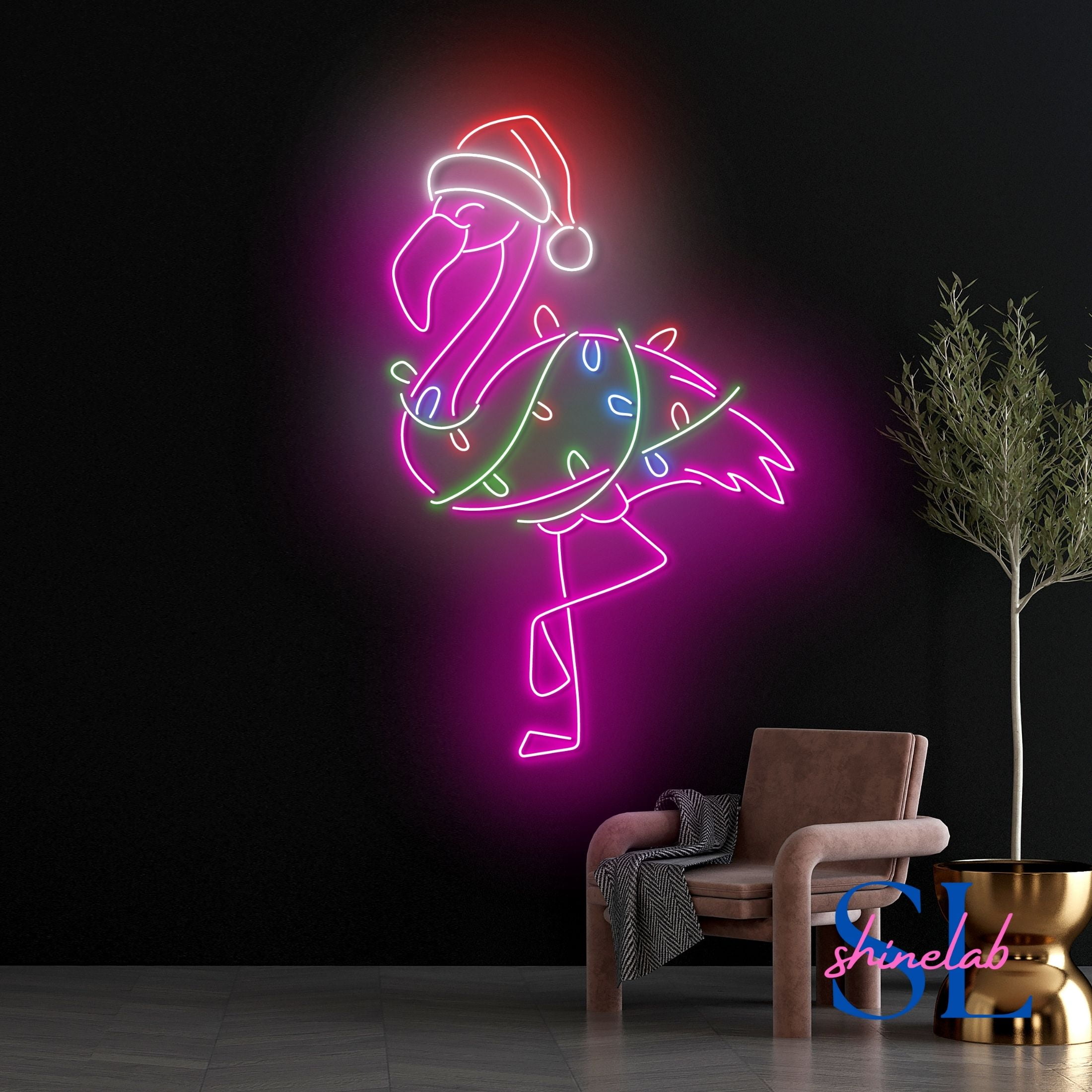 Shinelab Flamingo Christmas Neon Sign, Tropical Christmas Flamingo Led ...