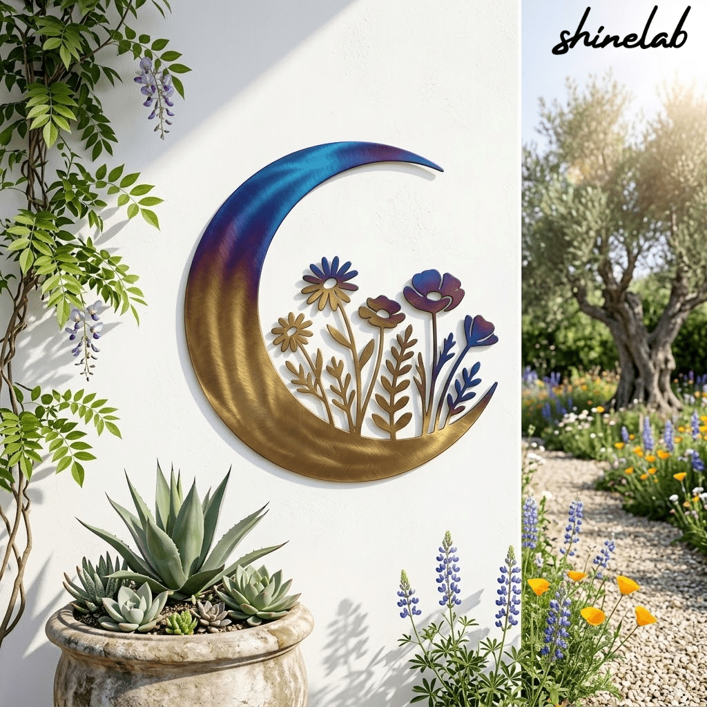 Shinelab Floral Moon Metal Wall Art, Fire Roasted Wildflower Decor ...